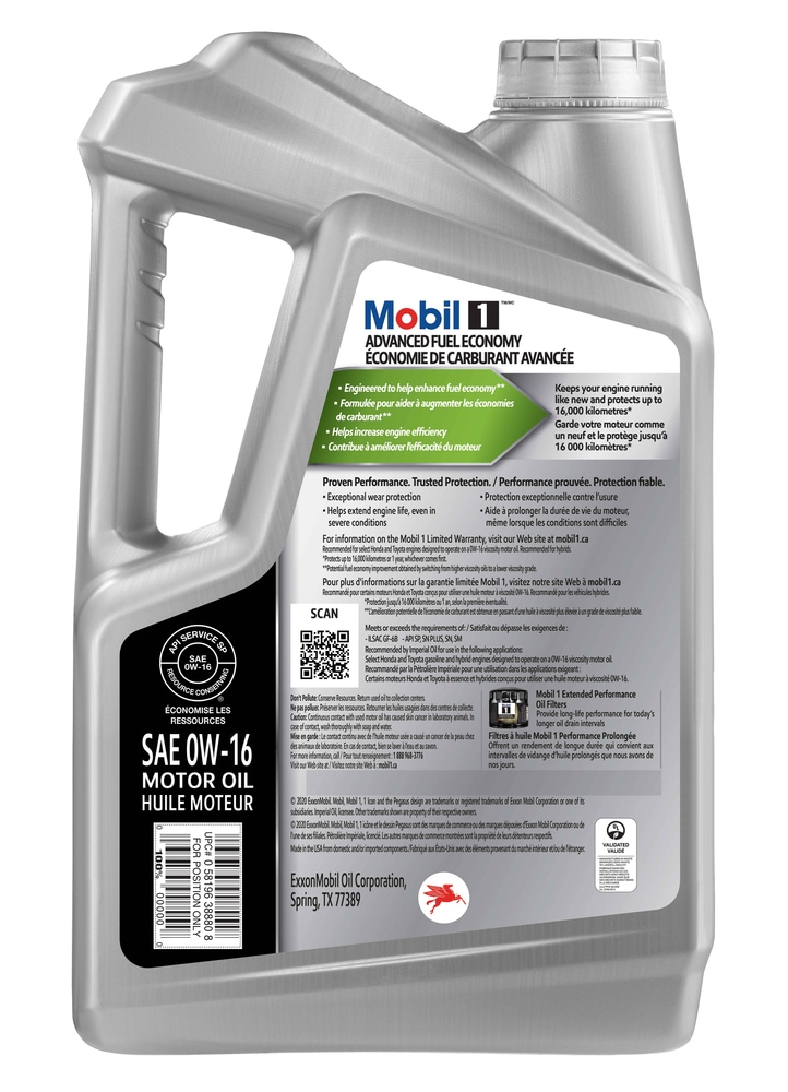 Huile moteur synthétique Mobil 1, 0W16, grande économie de carburant, 4 ...