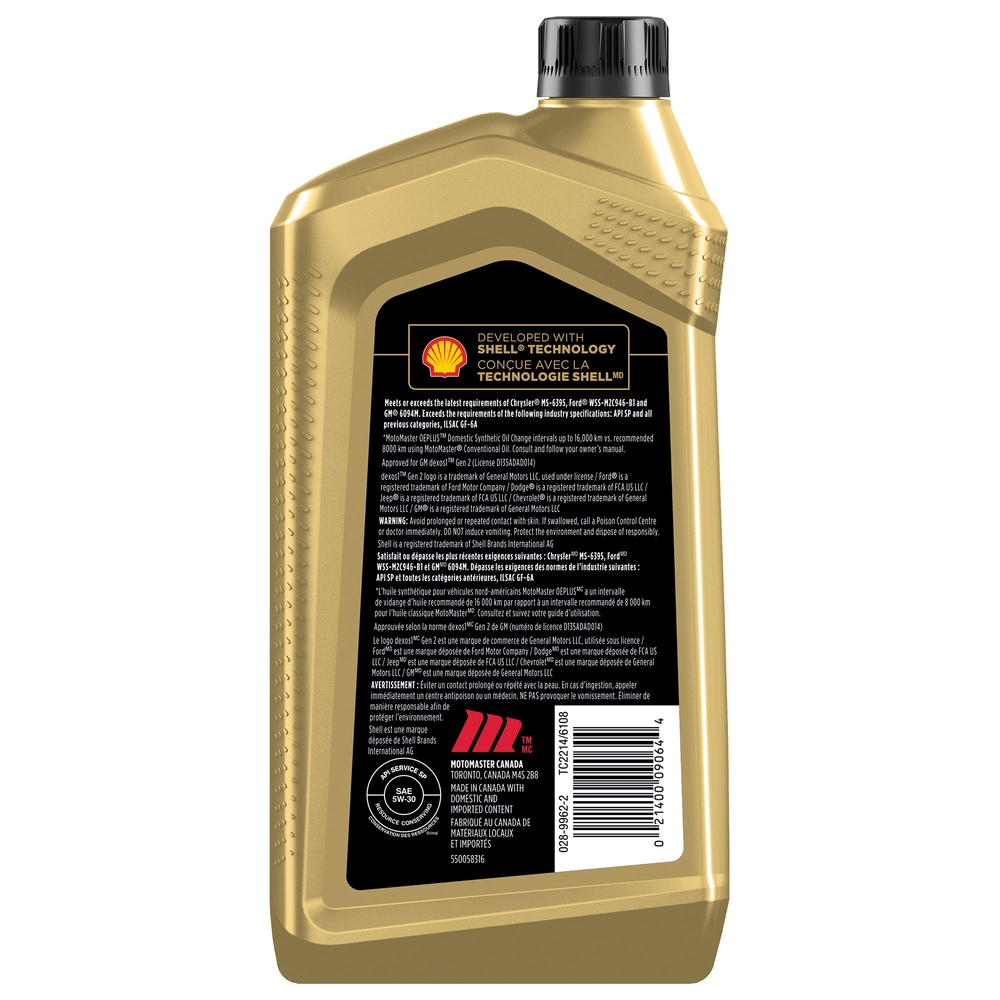 Huile à moteur synthétique MotoMaster OEPLUS, qualité supérieure, moteur nord-américain, 5W-30 ...
