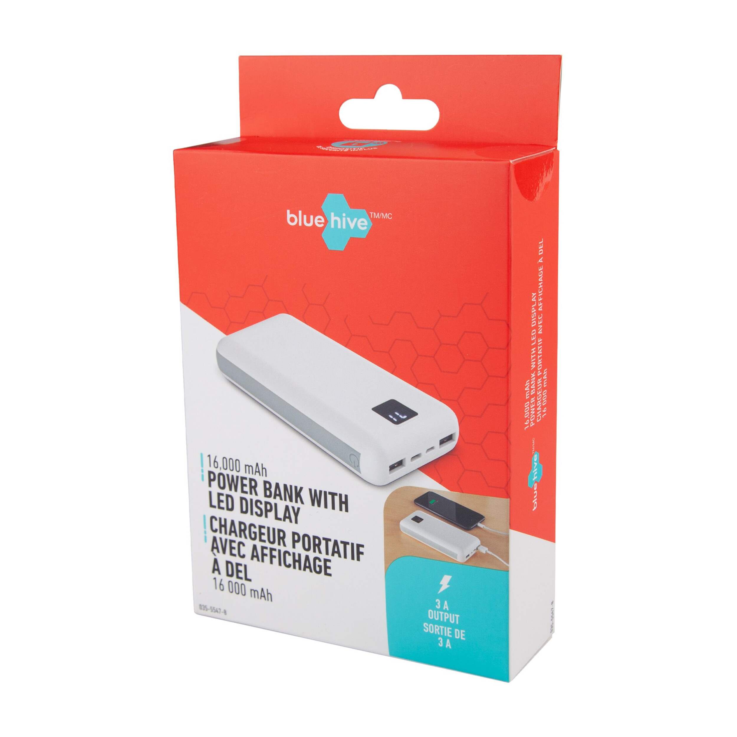 Bluehive 3-Port 16,000 mAh Portable Power Bank with Digital Screen, Compatible with iPods ...