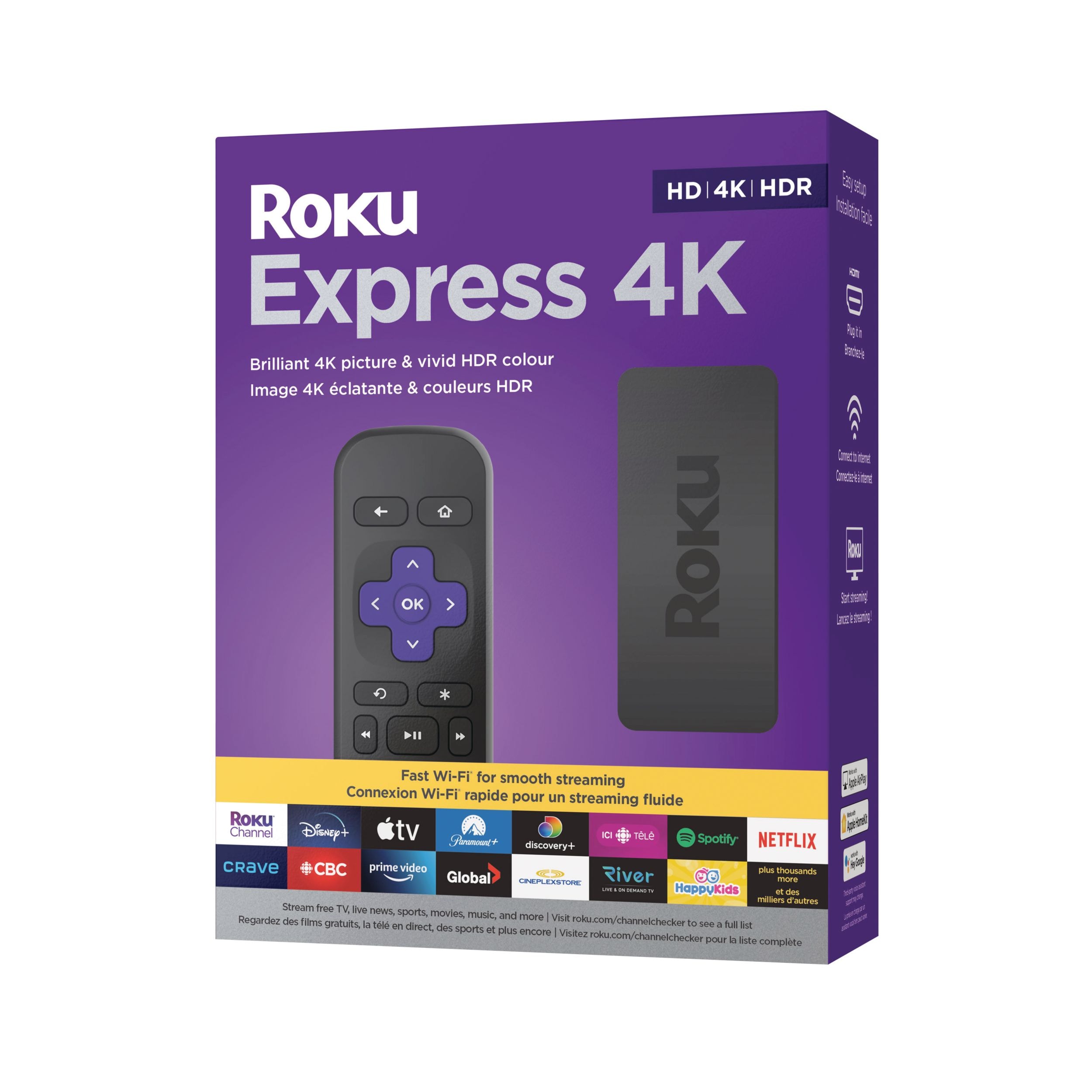 Roku Express 4K & HDR Colour Wi-Fi Streaming Media Device, Batteries ...