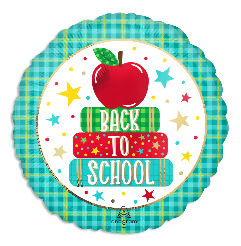 "Back To School" Round Satin Foil Balloon, Blue/Red, Plaid, 18-in ...