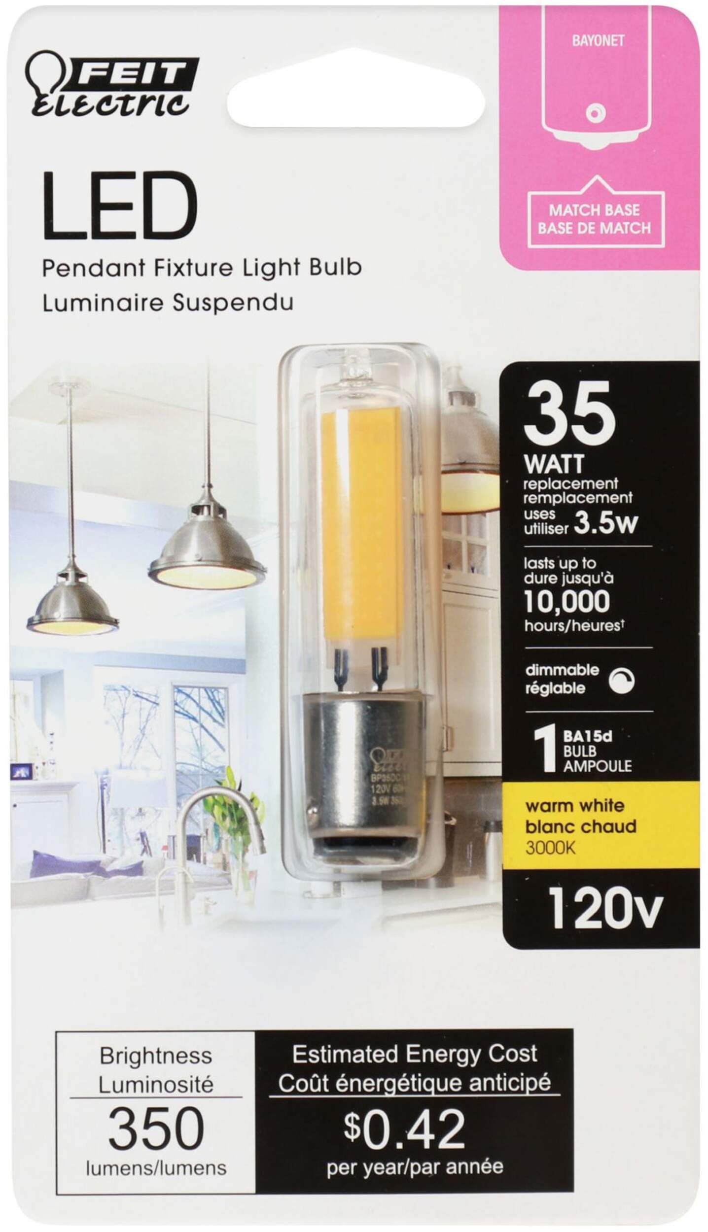 Feit Electric BA15d Dimmable Pendant Fixture Light Bulb, 350 Lumens ...