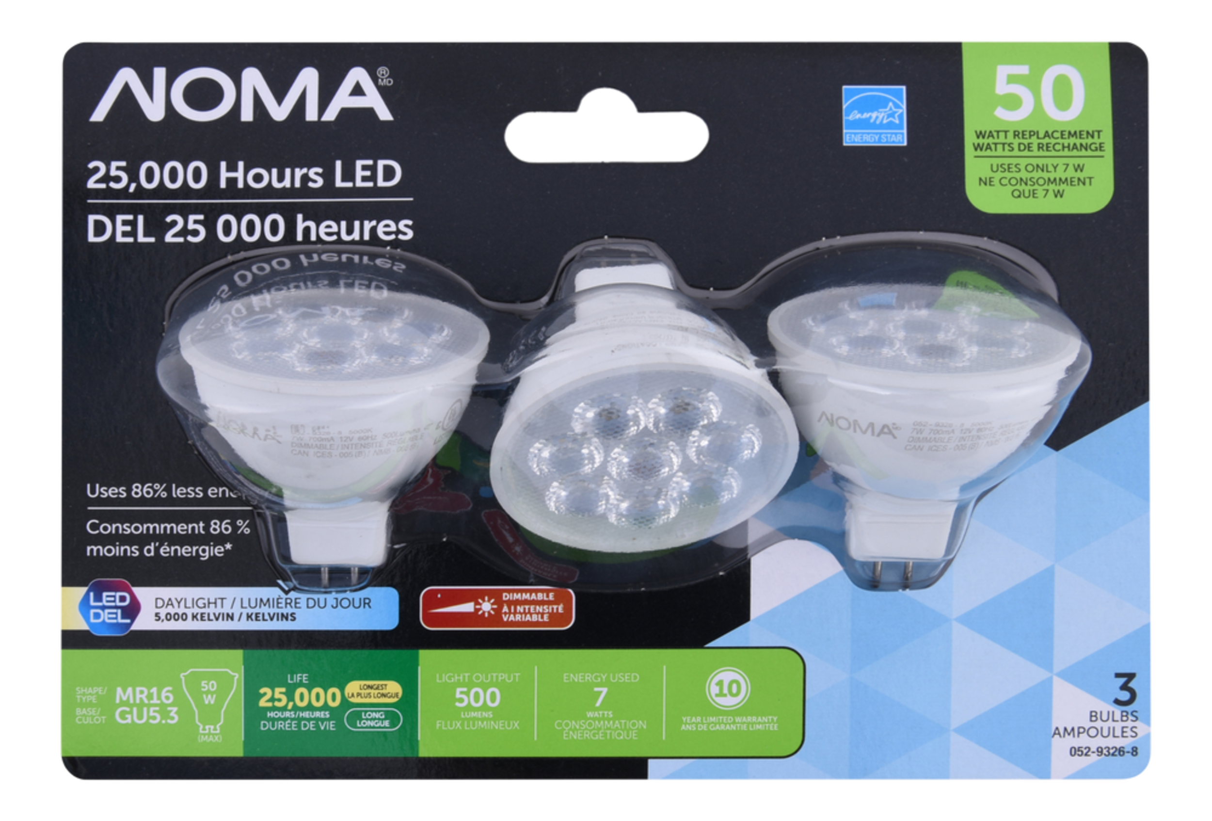 NOMA MR16 GU5.3 Base Dimmable LED Flood Light Bulbs, 5000K, 500 Lumens, Daylight, 50W, 3-pk ...