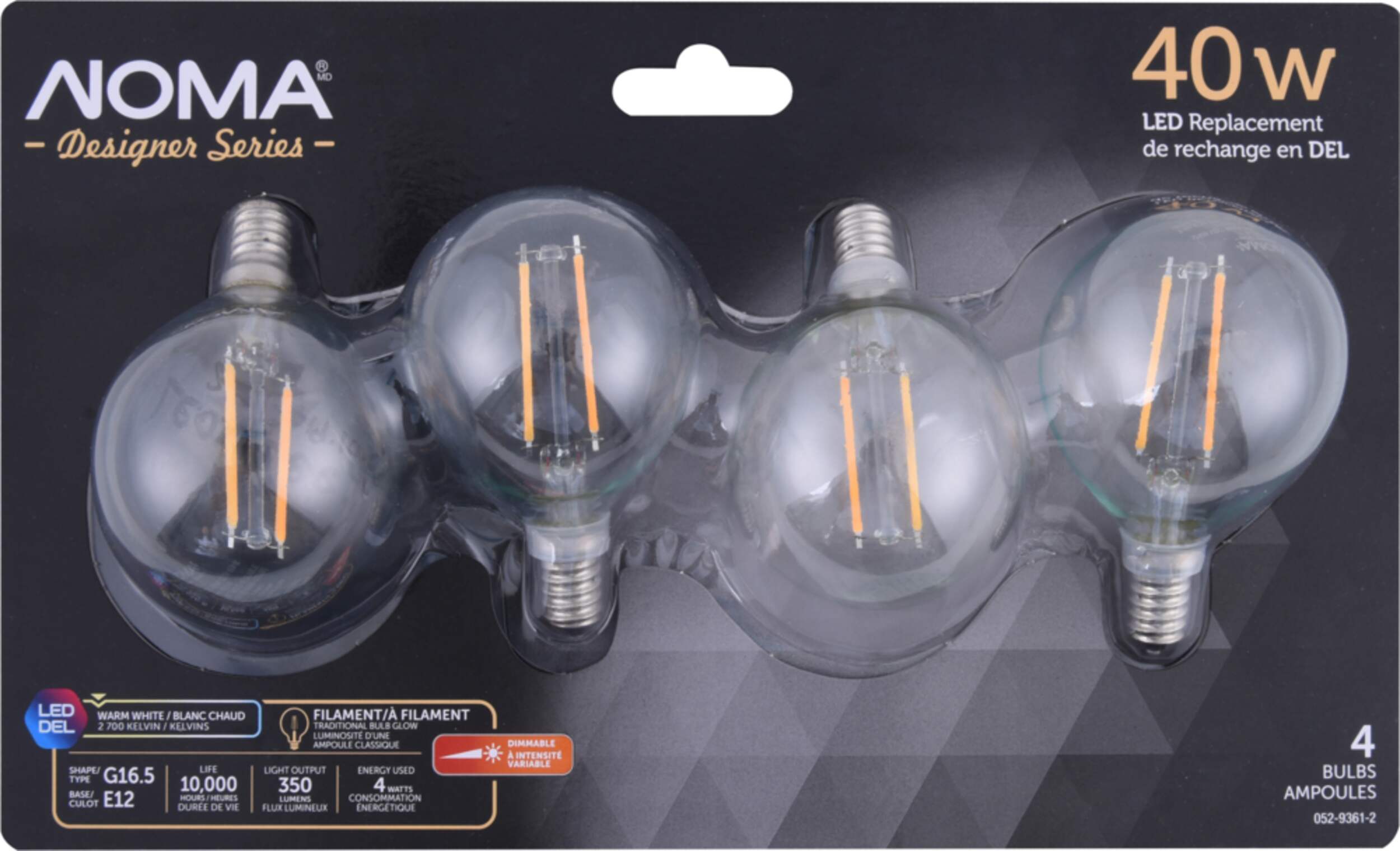 NOMA G16.5 E12 Base Globe Dimmable LED Filament Light Bulbs, Warm White, 40W, 4-pk | Canadian Tire
