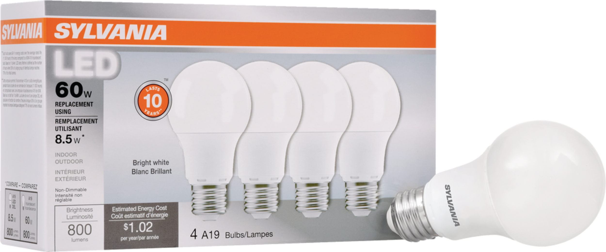 Sylvania A19 E26 Base Non-Dimmable LED Light Bulbs, 800 Lumens, Bright White, 60W, 4-pk ...