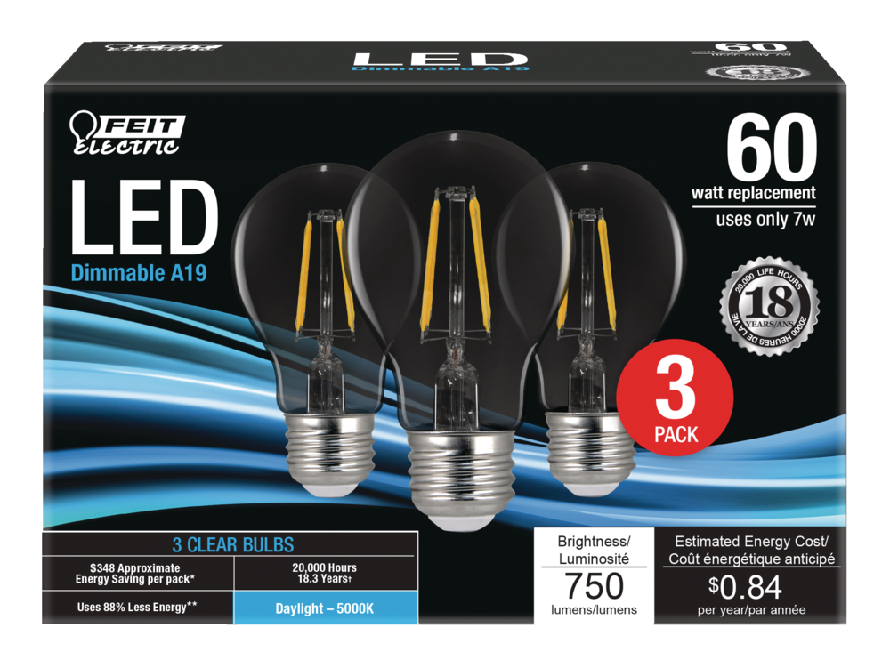 Feit Electric A19 Dimmable Clear LED Filament Light Bulbs, 750 Lumens, Daylight, 60W, 3-pk ...