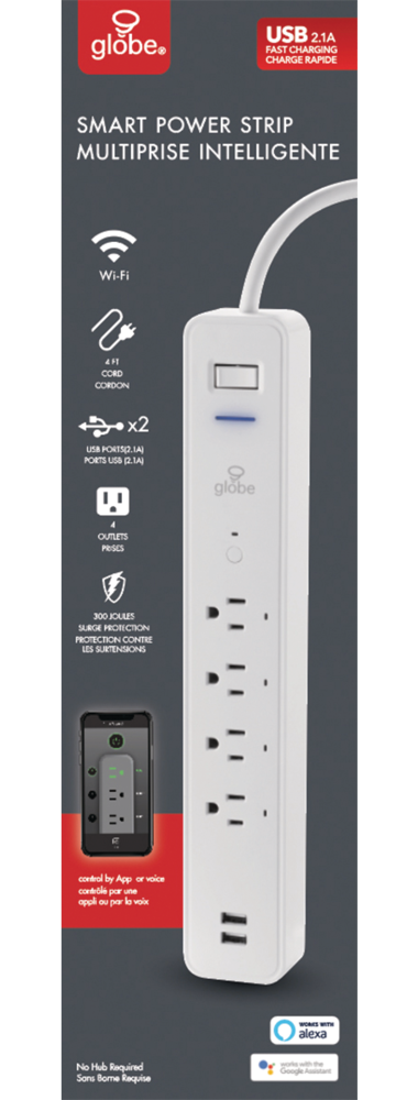 Globe 4-Outlet and 2 USB Port Smart Wifi Power Bar with Surge Protector ...