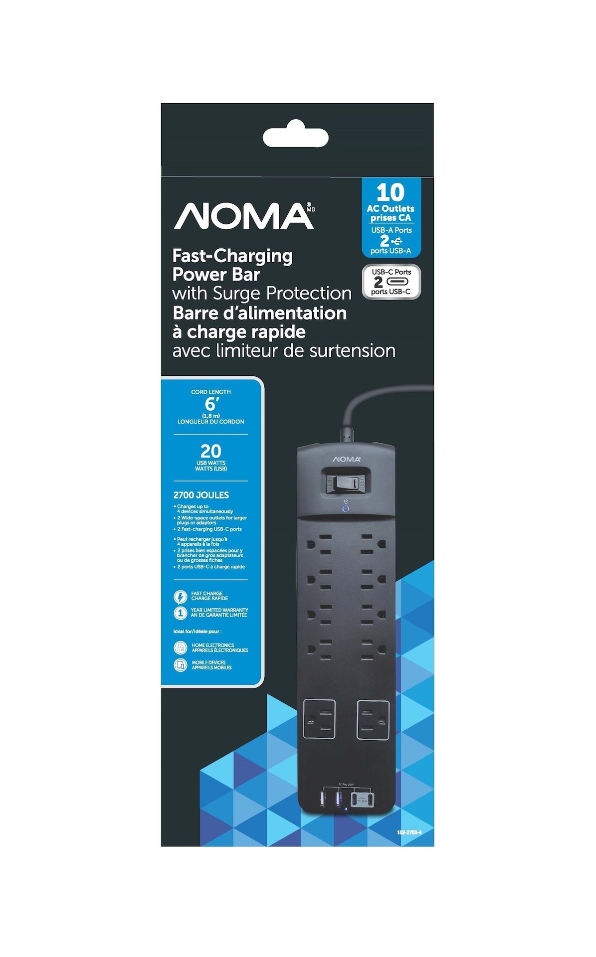 NOMA Fast-Charging Power Bar with Surge Protection, Black | Canadian Tire