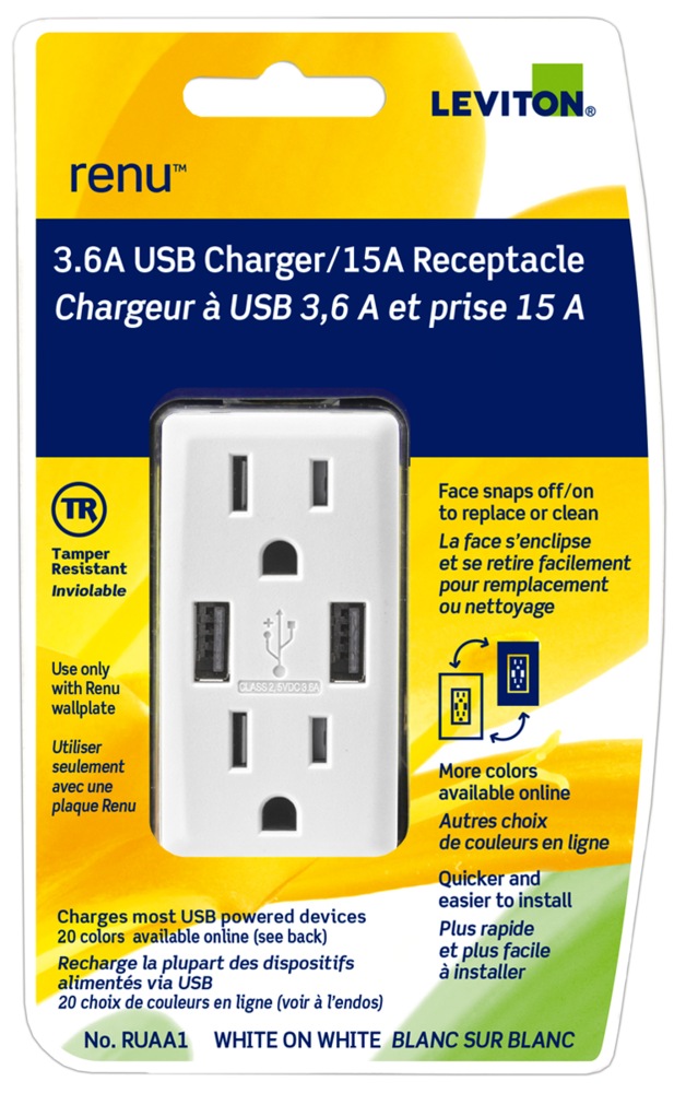 Leviton RUAA1-742 USB Type-A Wall Outlet Charger with 15A Tamper ...