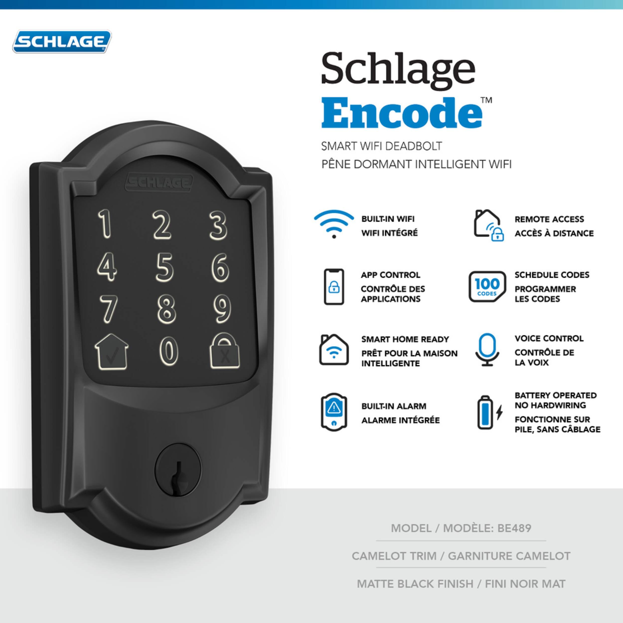 Serrure à pêne dormant électronique à écran tactile intelligent Schlage Encode Camelot, noir mat ...