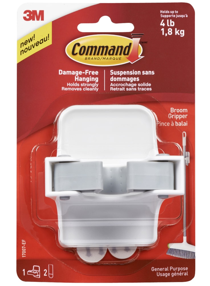 Command Wall-Mounted Mop & Broom Gripper with Adhesive Strips, White, 4 ...
