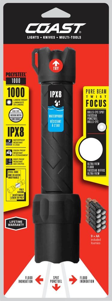 Coast 1000 Lumens Polysteel Twist Focus Handheld Flashlight, Batteries ...
