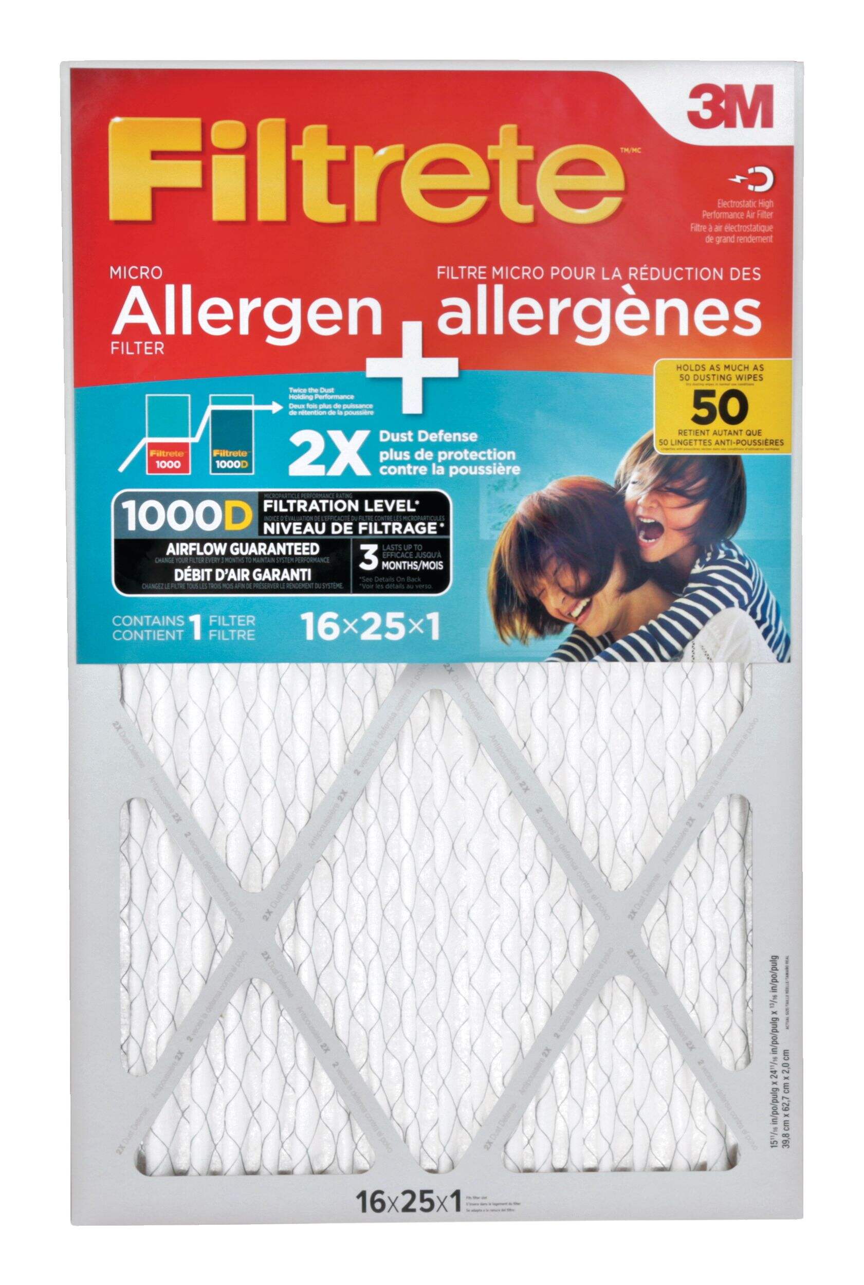 3M™ Filtrete™ Dual-Action Micro Allergen Plus 2X Dust Defense Air Filter, MPR 1000D, 16 x 25 x 1 ...