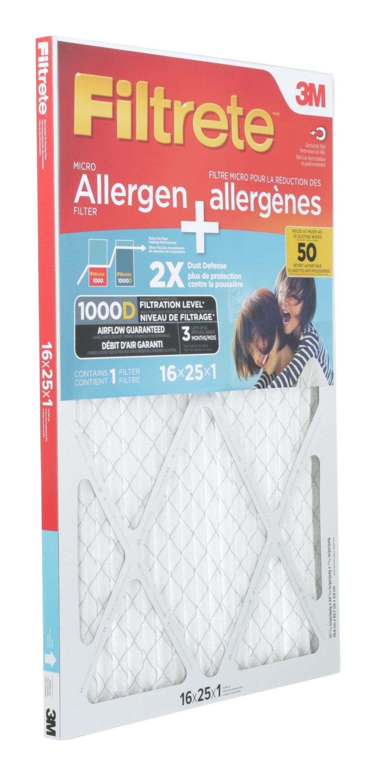 3M™ Filtrete™ Dual-Action Micro Allergen Plus 2X Dust Defense Air Filter, MPR 1000D, 16 x 25 x 1 ...