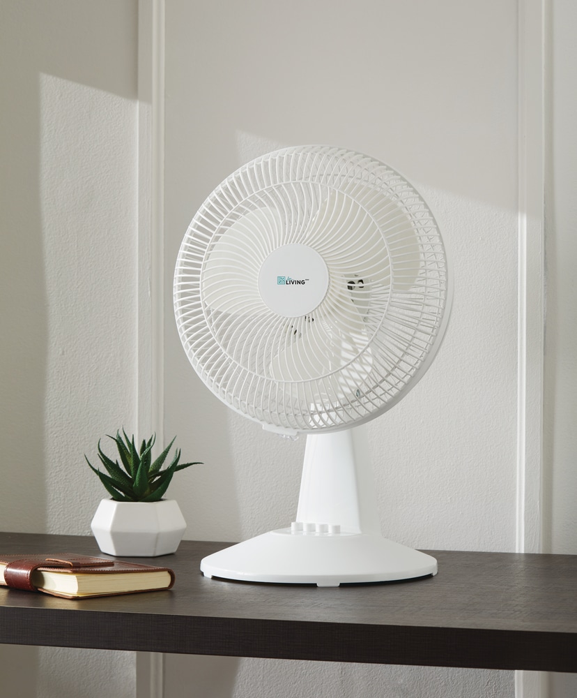 For Living Tilt-Head Oscillating Table/Desk Fan, 3-Speed, White, 12-in ...