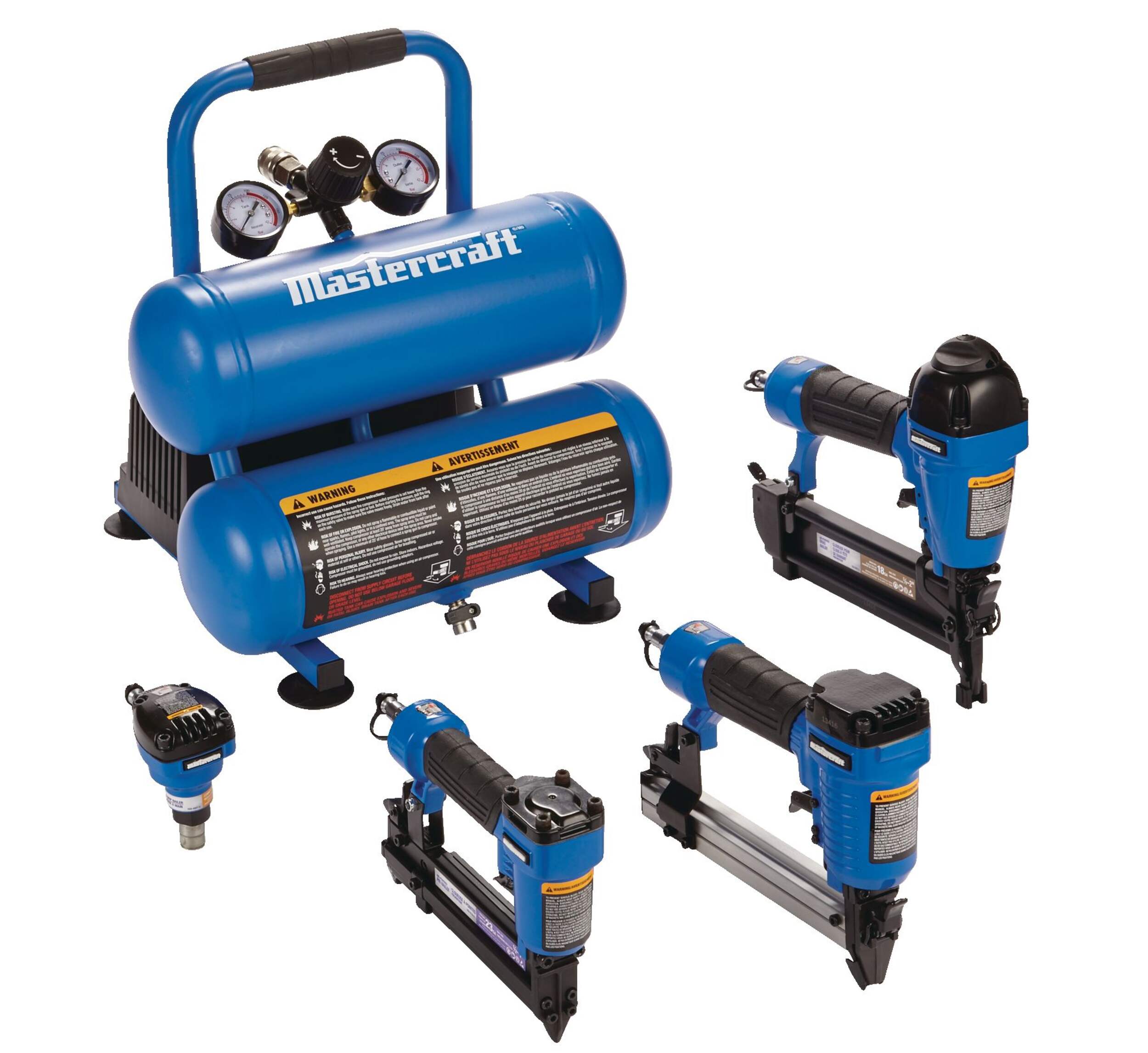 Compresseur d'air portatif sans huile Mastercraft à 2 réservoirs superposés, 2 gallons, 100 lb ...