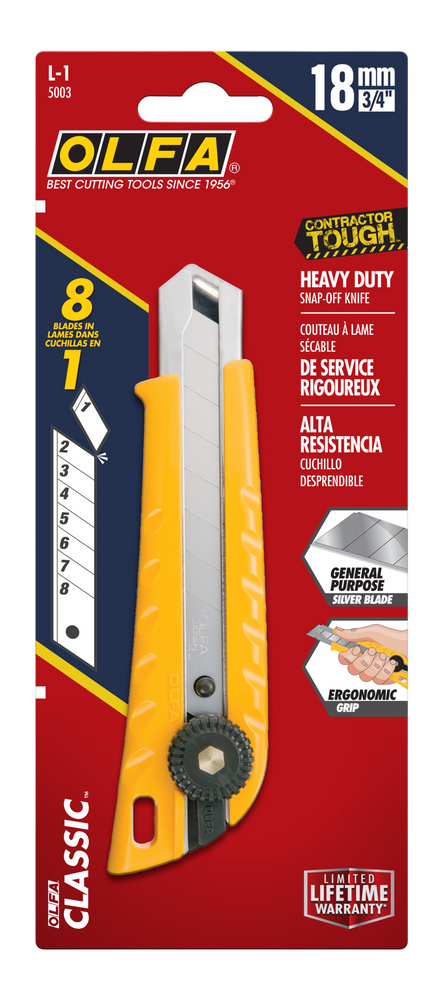 Couteau tout usage robuste à lame cassable à verrou à cliquet OLFA L-1 5003, 18 mm, jaune ...