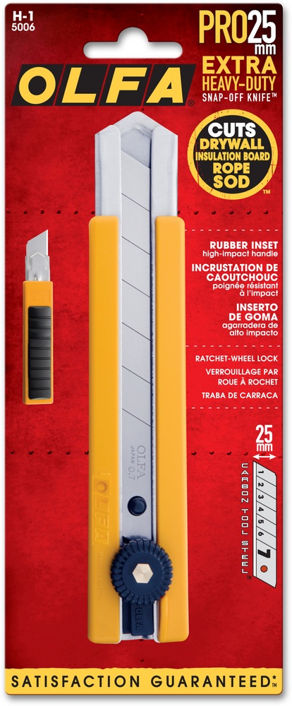 OLFA H-1 5006 Pro Extra Heavy-Duty Rubber-Inset Grip Snap-off Utility Knife, 25-mm, Yellow/Black ...