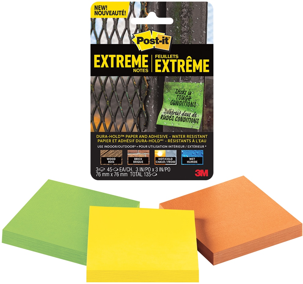 Feuillets 3M Post-it Extreme, 3 x 3 po, vert, jaune, orange, paquet de ...