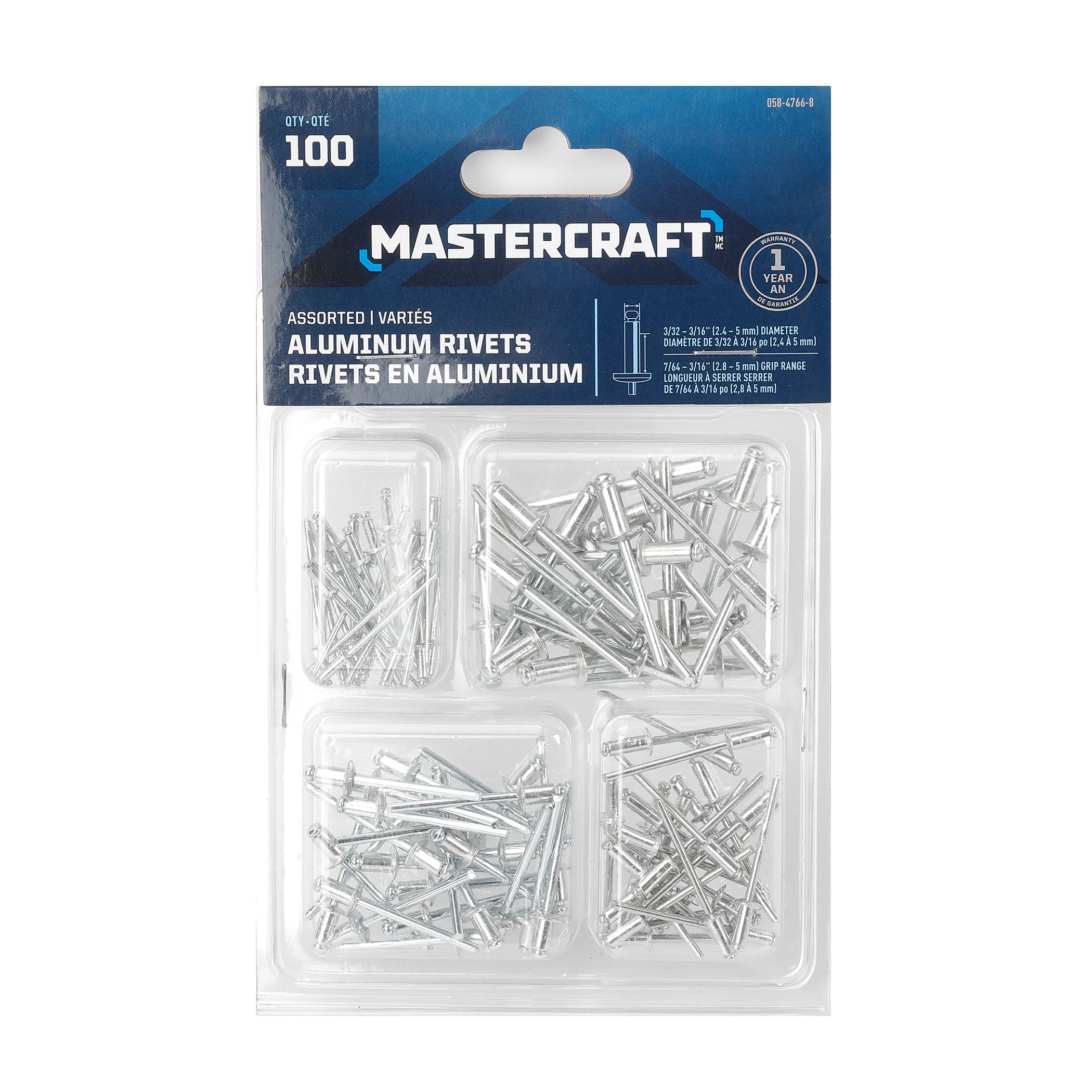 Mastercraft Aluminum Rivet Assortment, Multiple Sizes, 100-pc ...