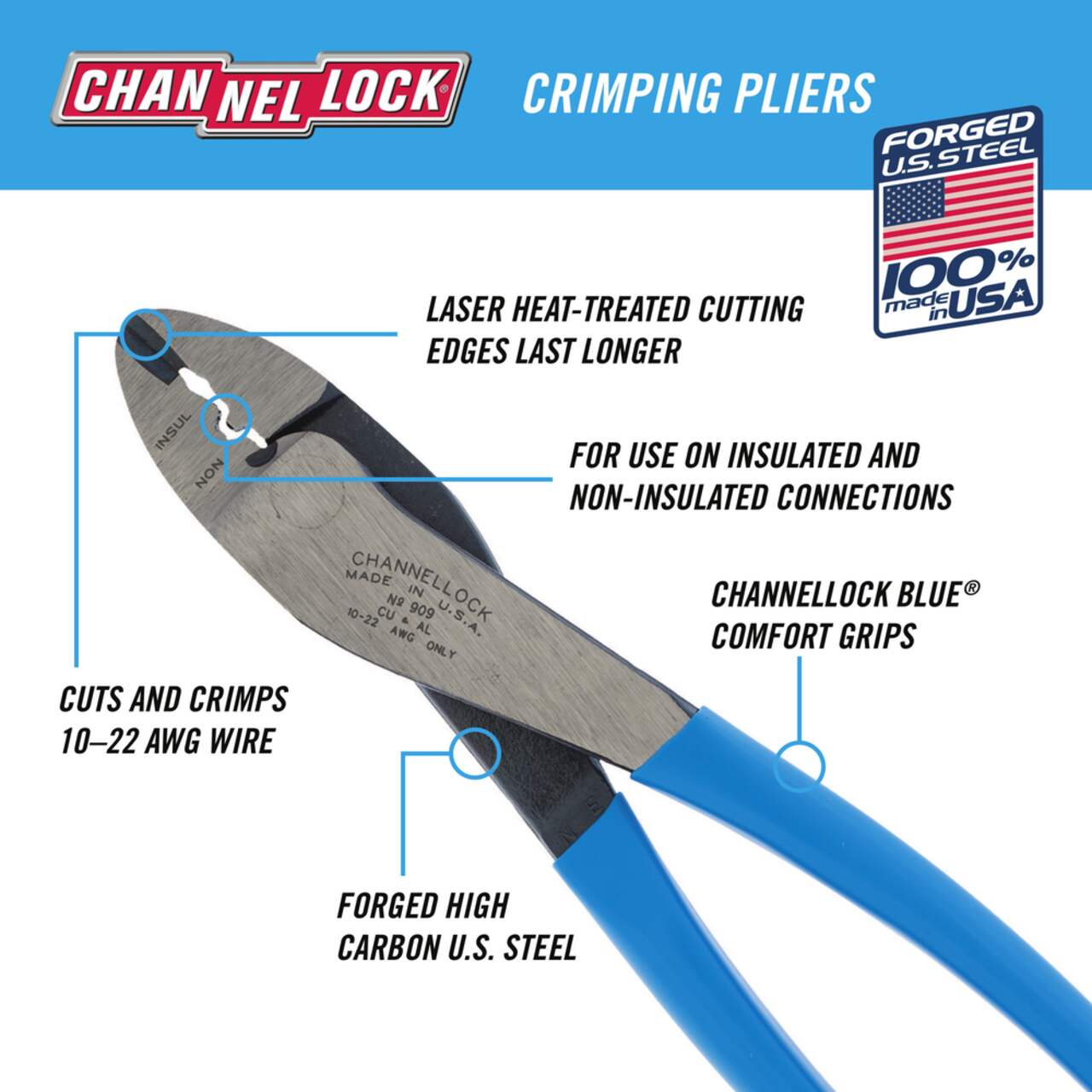 CHANNELLOCK 909 Crimping Tool Pliers with Cutter 10 22 Gauge Forged High Carbon Steel 9.5 in 24.1 cm Canadian Tire