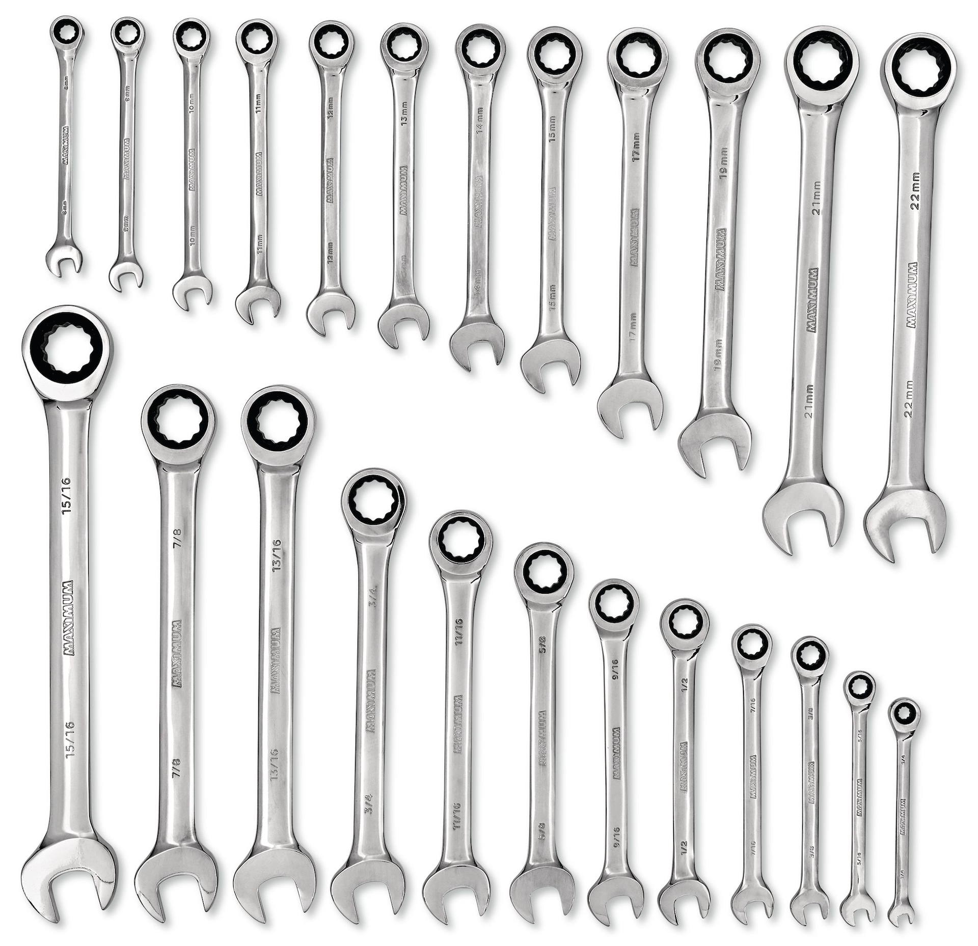 MAXIMUM Professional Grade Ratcheting Wrench Set SAE Metric Nickel Chrome Plating 24 pc Canadian Tire