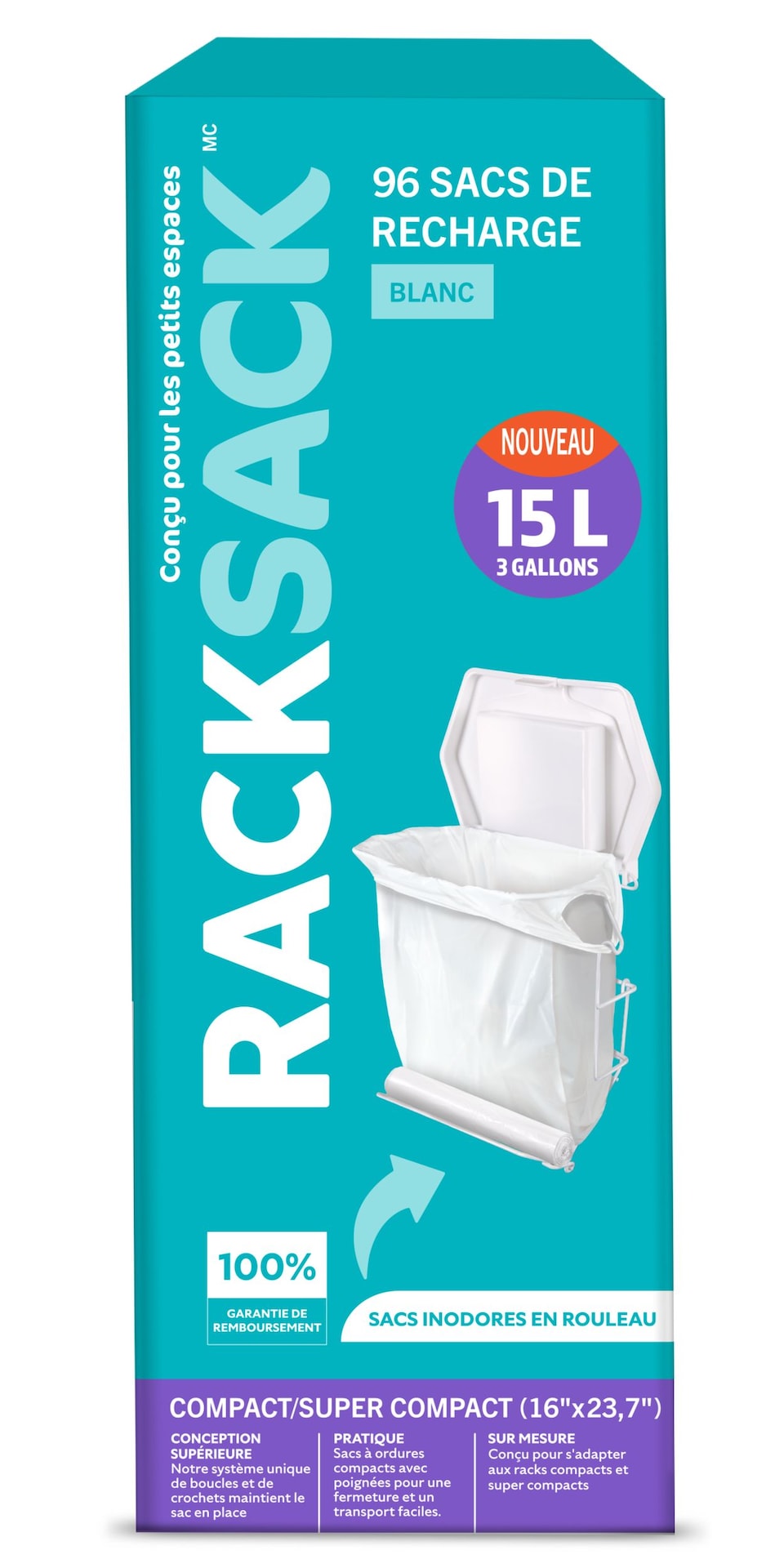 Rack Sack Roll Unscented Garbage Bags with Handles, 96-pk, White, 15-L ...