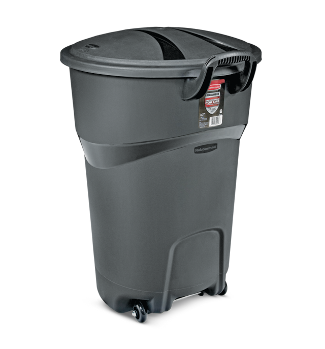 Rubbermaid Plastic Circular Wheeled Garbage Can with Handle, Black, 121 ...