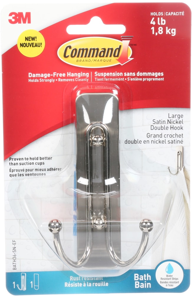 3M Command Large Bathroom Double Hook, Satin Nickel | Canadian Tire