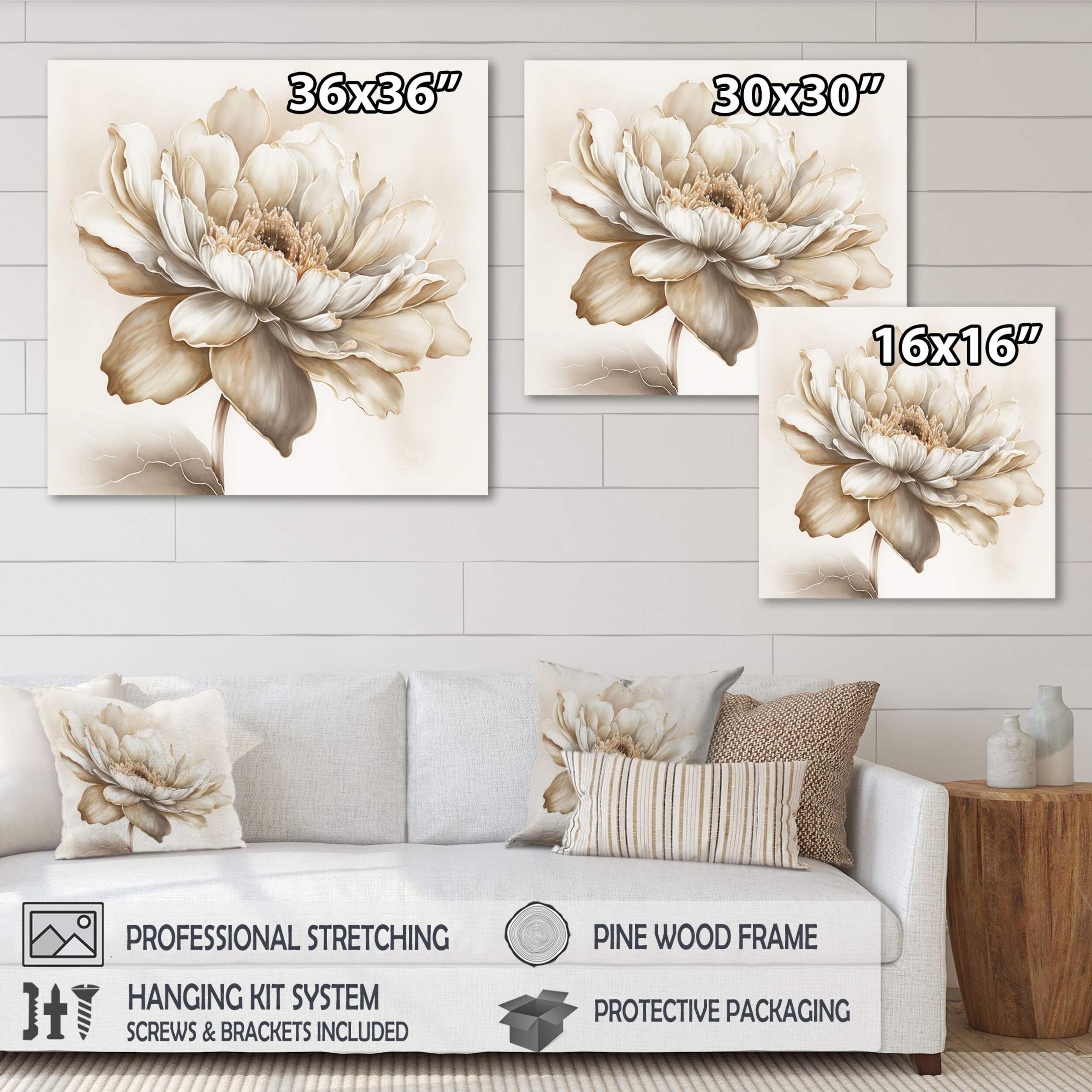 Designart Indigold Beige Flower I Canvas Wall Art, 16-in x 16-in ...