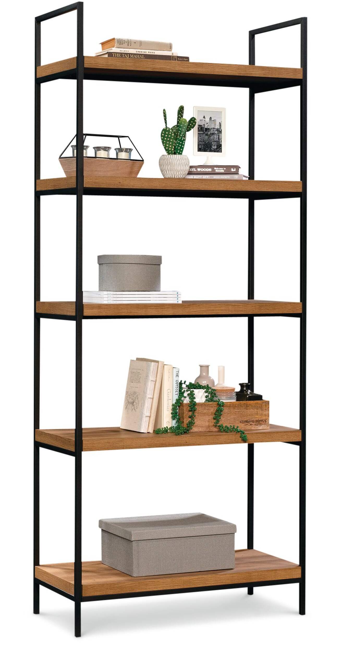 CANVAS Robson 5-Tier Metal Frame Bookcase With Storage, Oak Finish ...