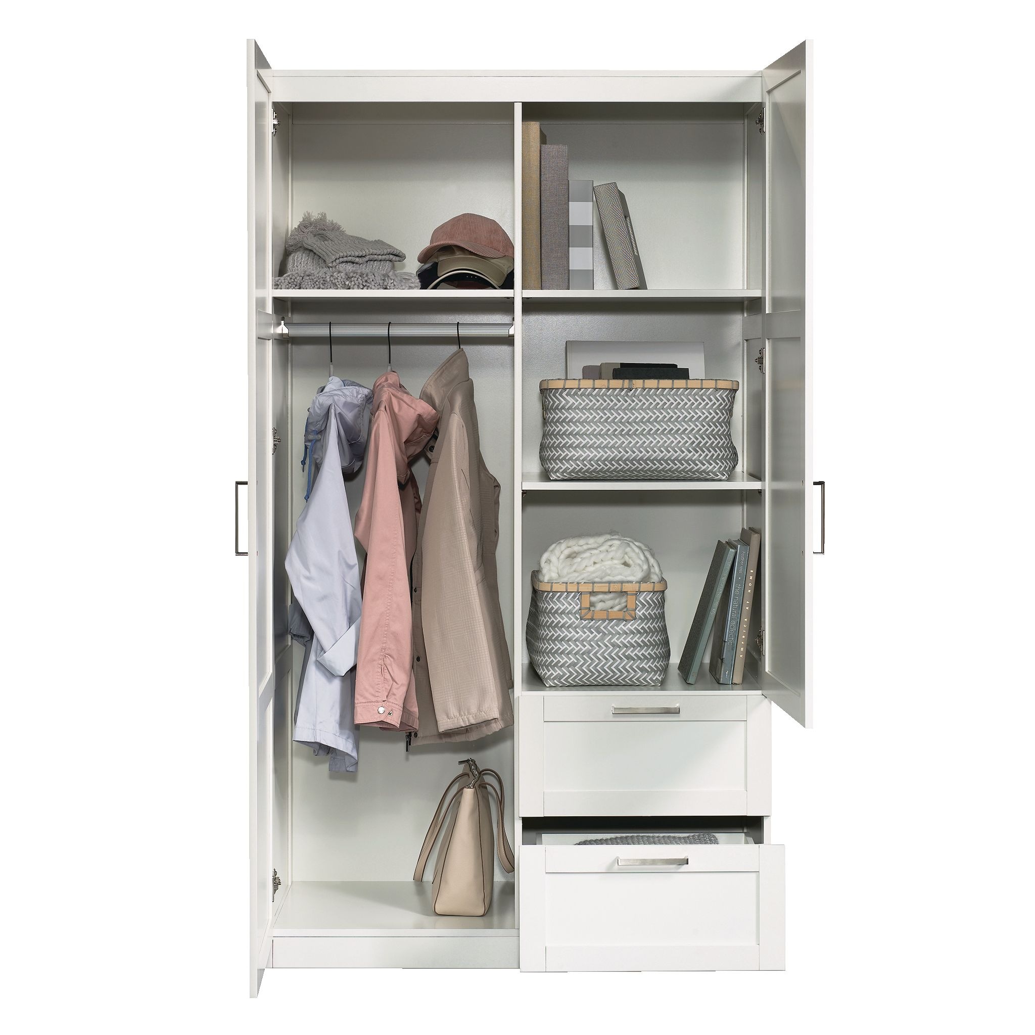 Sauder 2 Door 2 Drawer Wardrobe Armoire Clothes Storage Cabinet With Hanger Rod White Canadian Tire