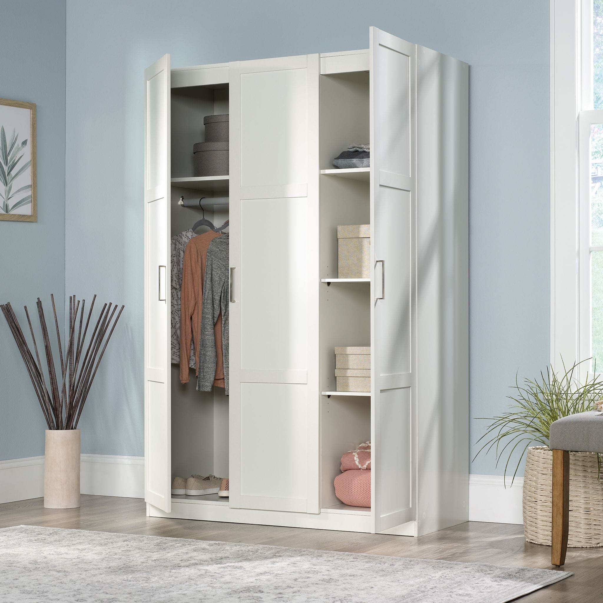 Sauder 3 Door Wardrobe Armoire Clothes Storage Cabinet With Hanger Rod Shelves White Canadian Tire