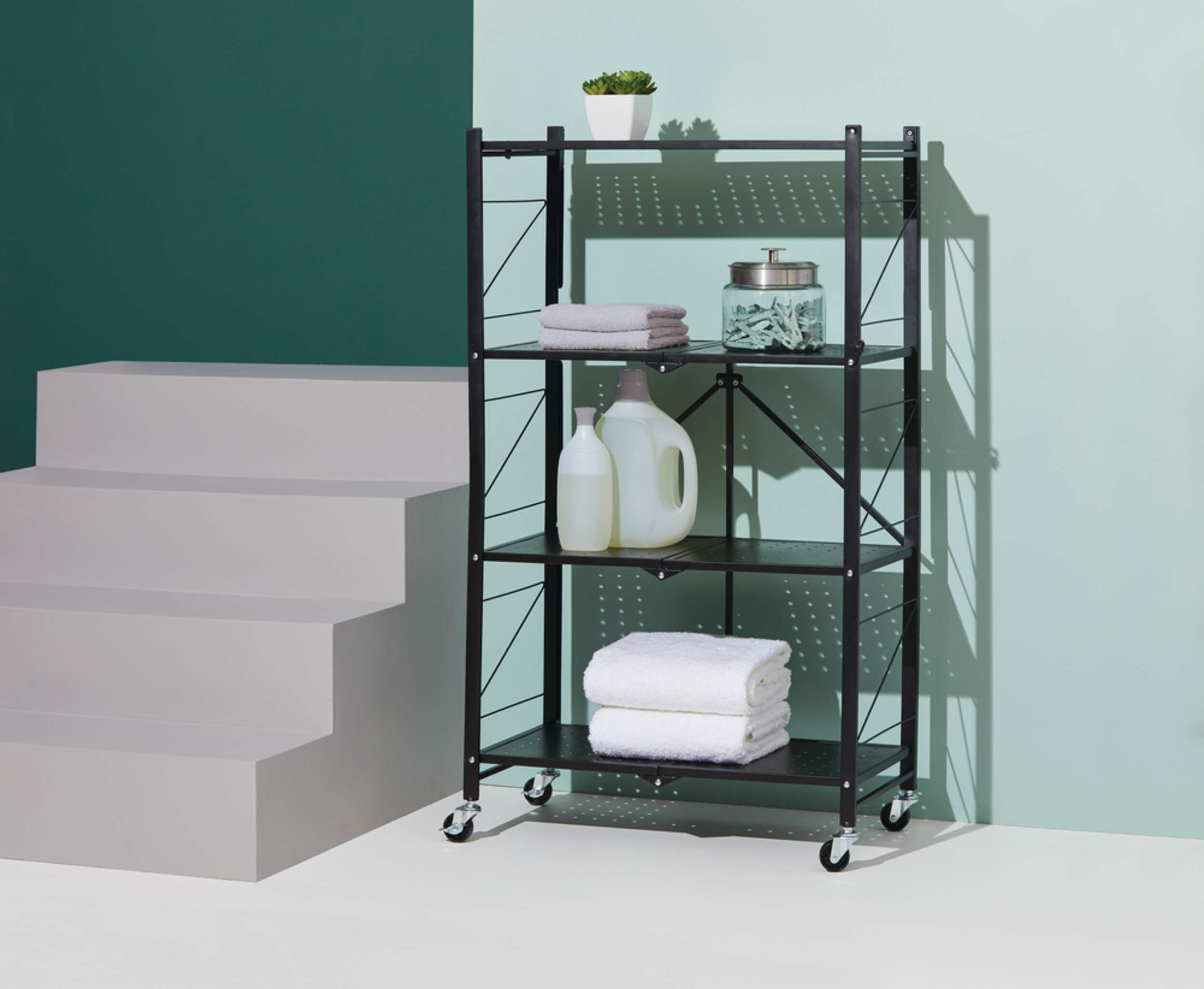 type A Perspective 4-Tier Foldable Storage Rack with Wheels, Black ...