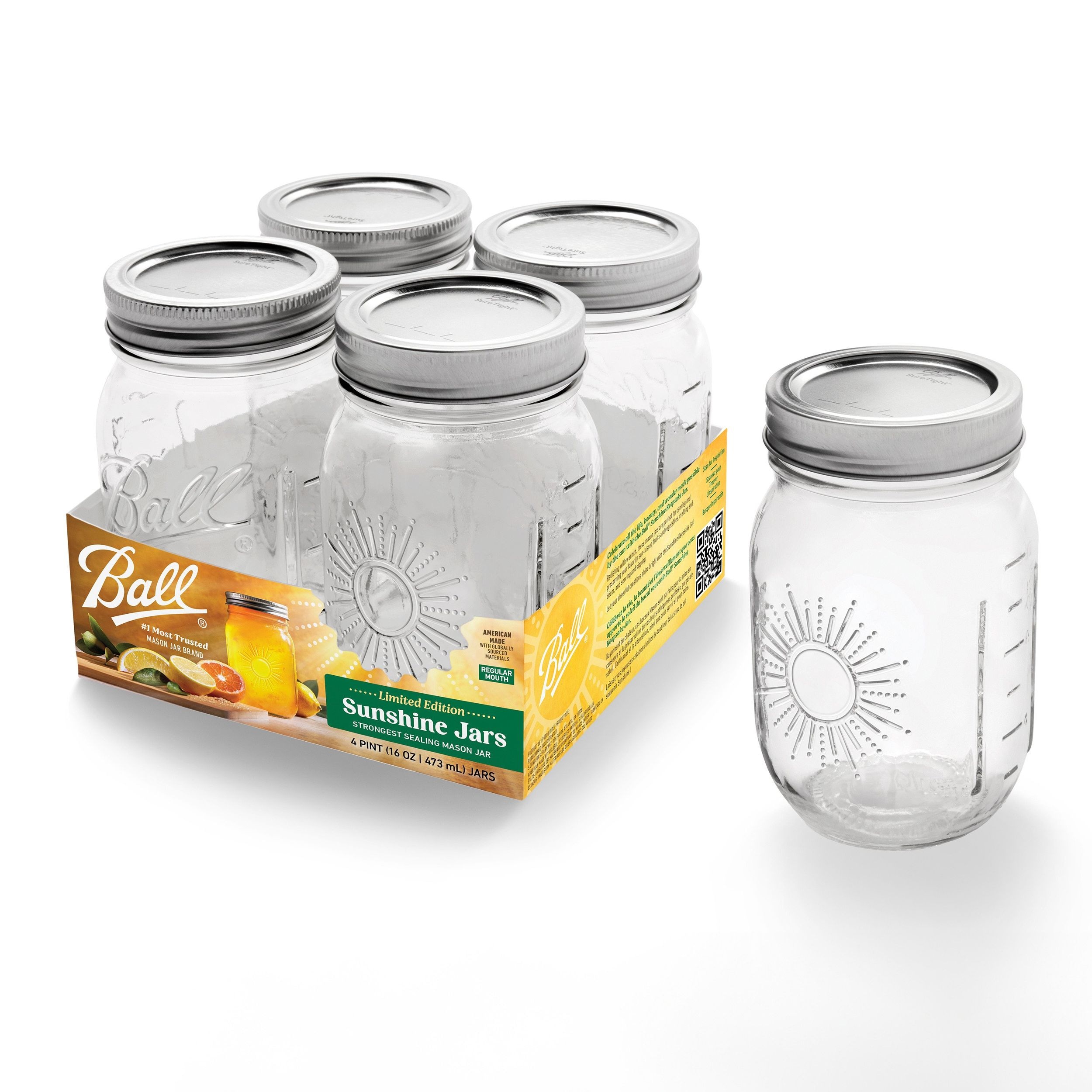 Ball Regular Mouth Sunshine Jar, 16-oz/473-mL, 4-pk | Canadian Tire