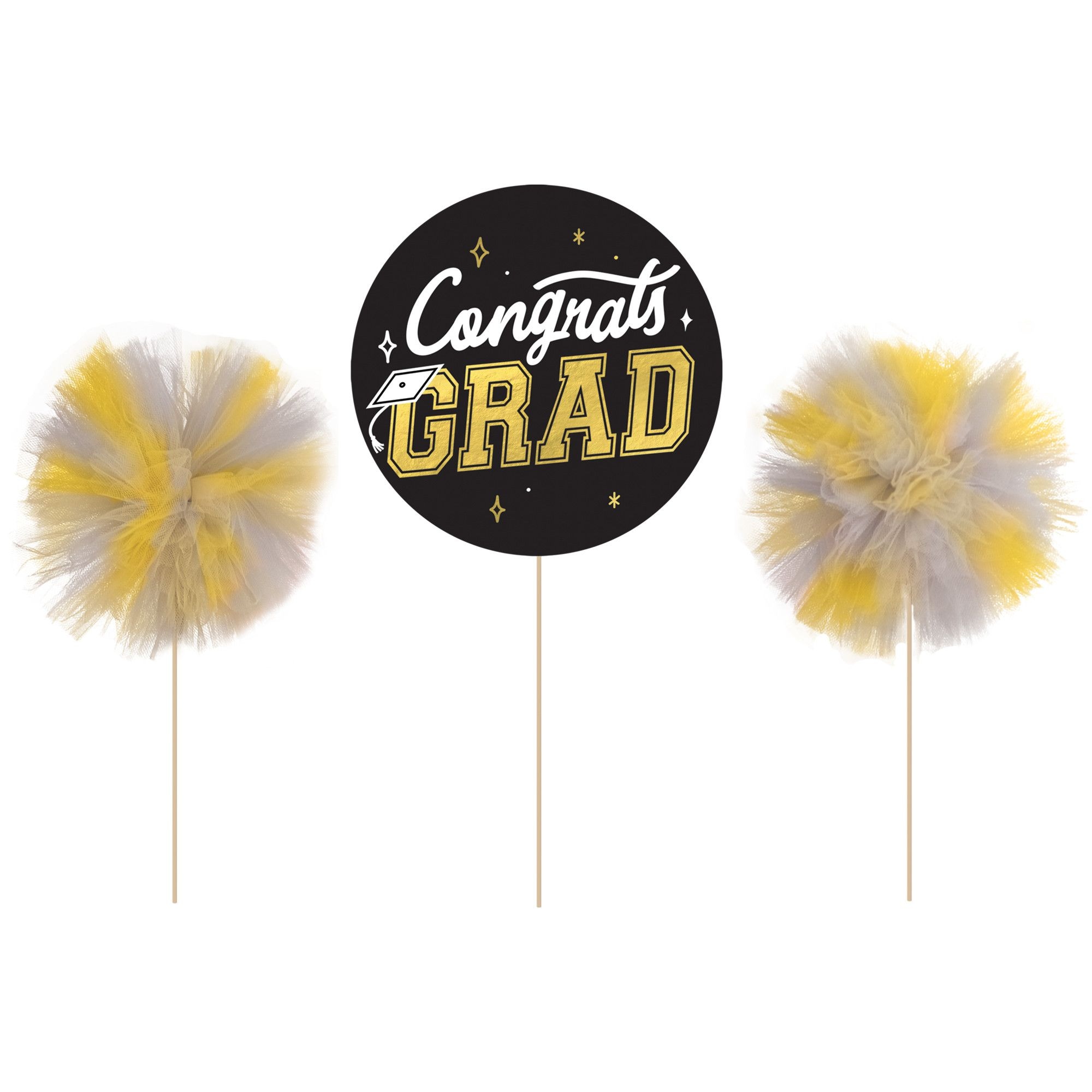 "Congrats Grad!" Pom Pom Tulle Party Picks, Black/Gold, 4-in, 3-pk, for ...