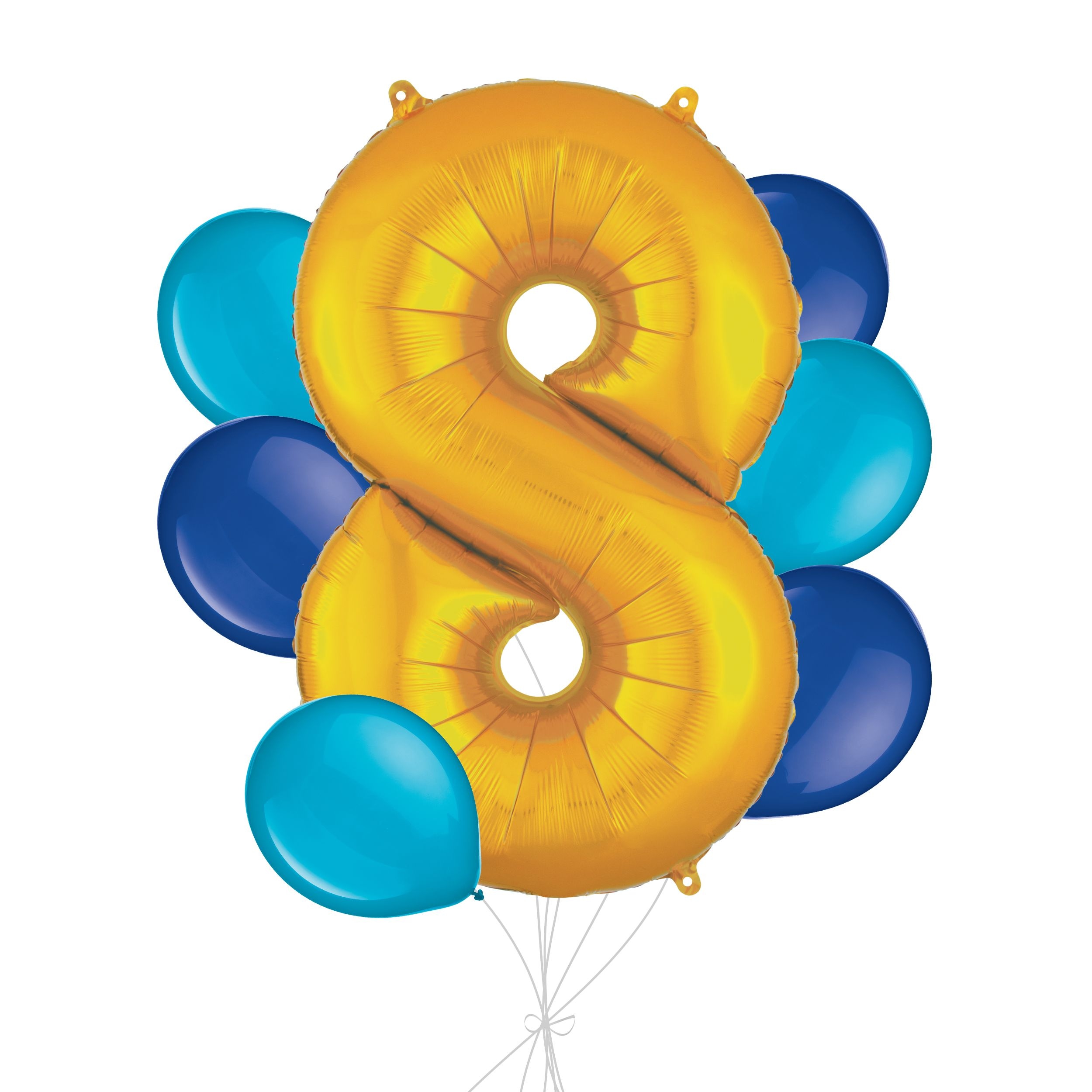 Number "8" Gold Balloon Bouquet with Latex Balloons, Caribbean Blue ...