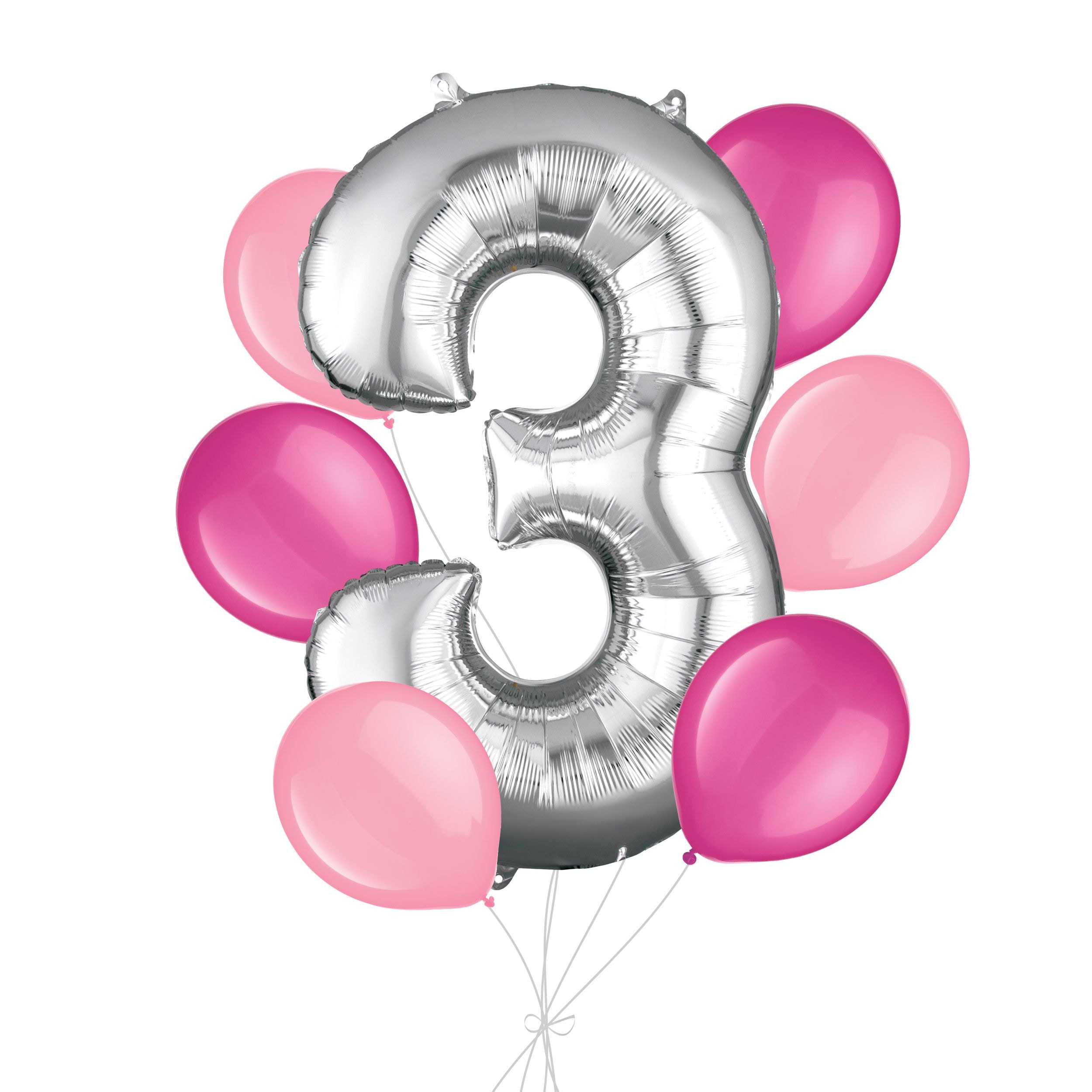 Number "3" Silver Balloon Bouquet with Latex Balloons, Bright Pink/New ...