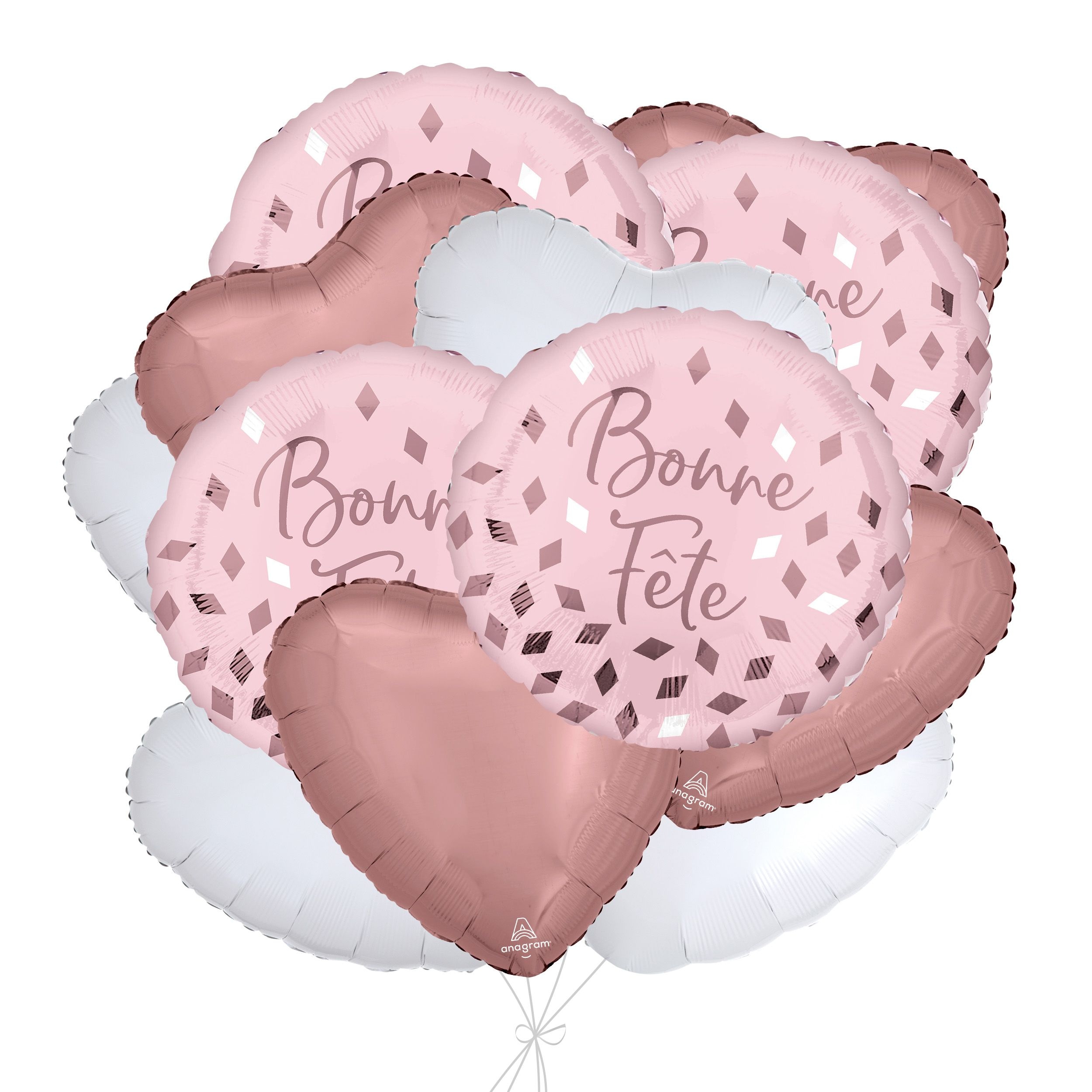 “Bonne Fête” French Happy Birthday Blush Balloon Bouquet with Heart Balloons, Pink/White, 12-pk ...