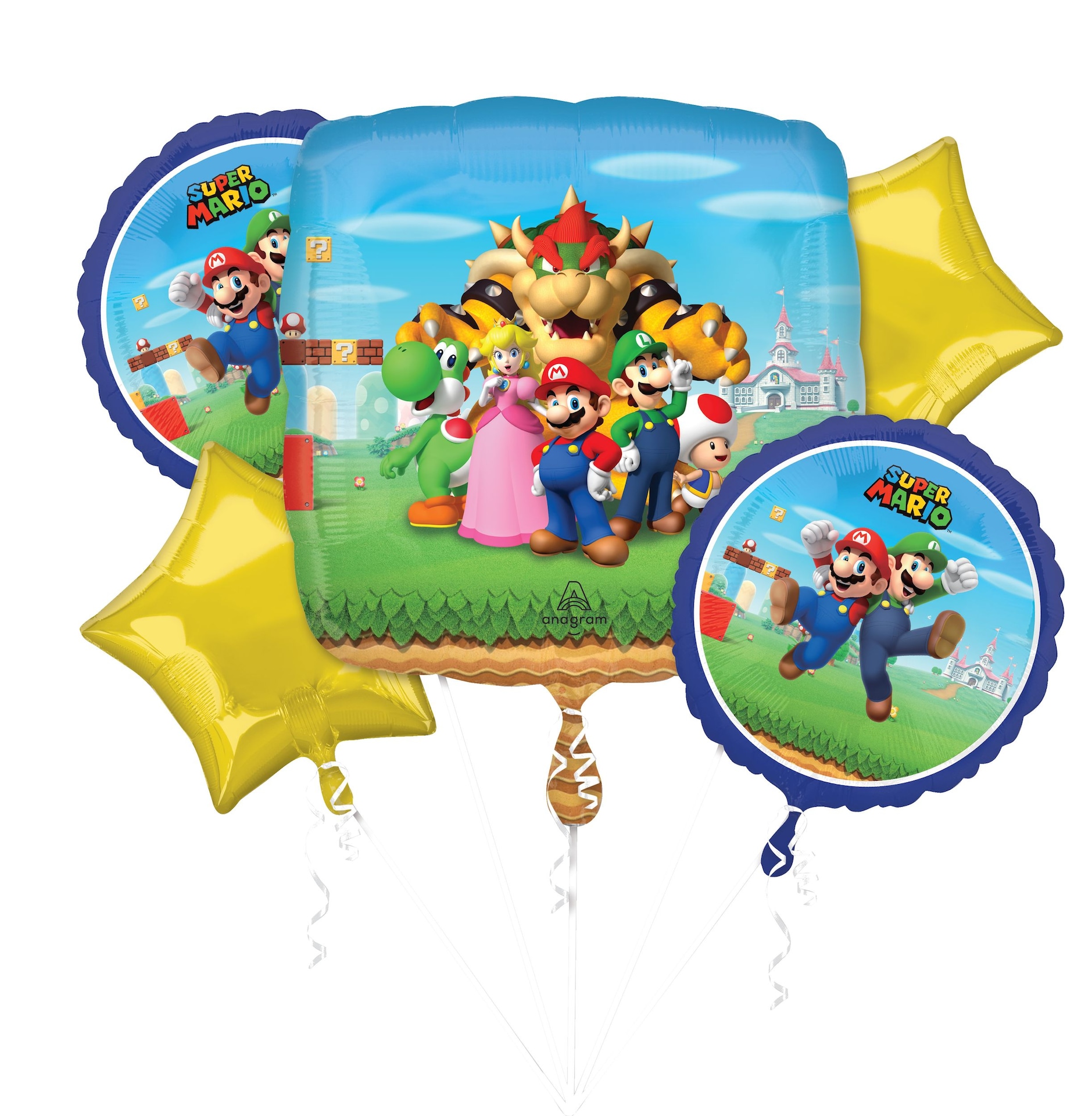 Super Mario Brothers Mushroom Kingdom Satin Foil Balloon Bouquet with ...