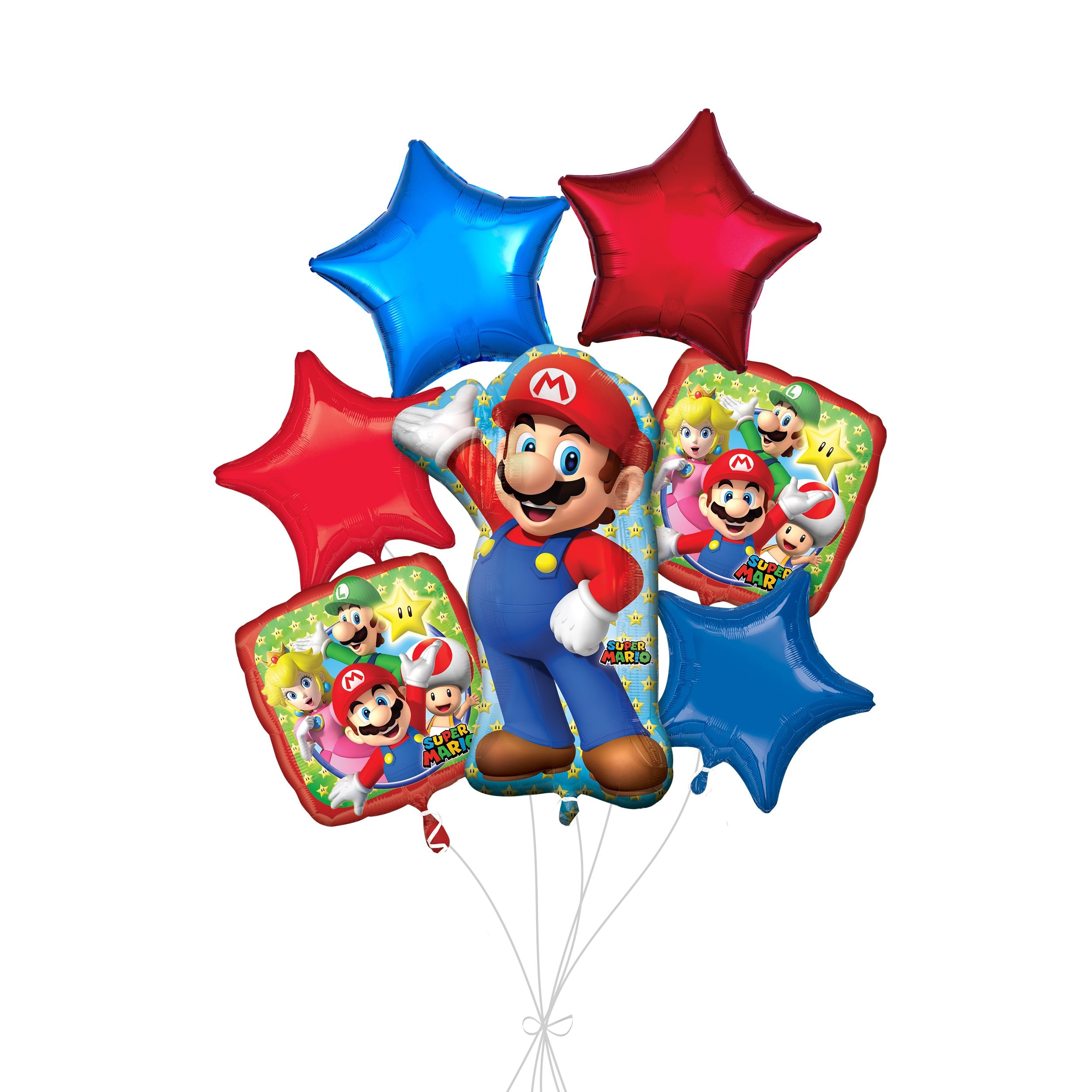 "Super Mario" Jumbo Balloon Bouquet with Star Foil Balloons, Blue/Red, 7-pk, Helium Inflation ...