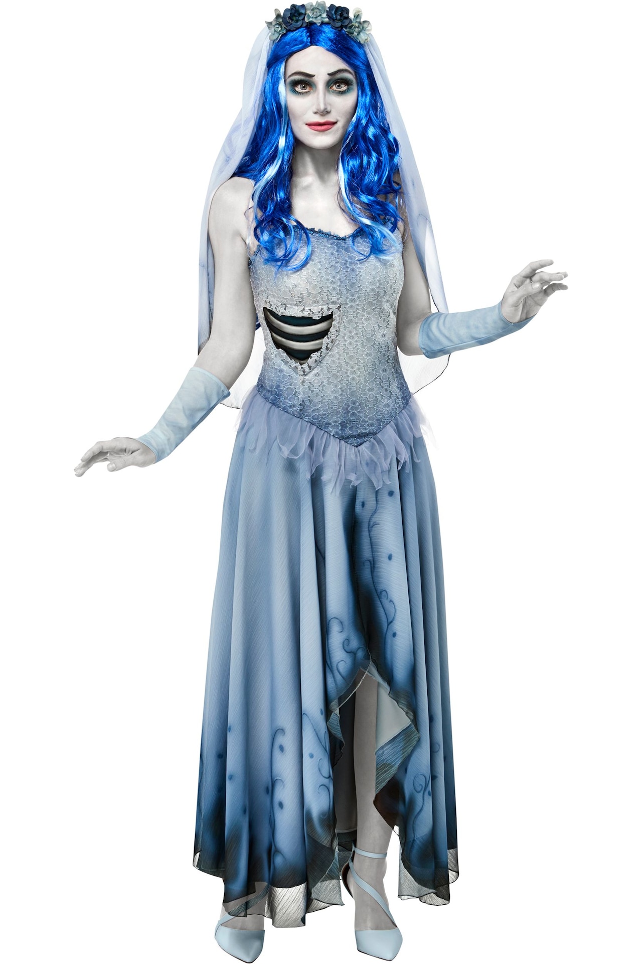 Corpse Bride Emily Halloween Costume with Dress and Veil, Multi-Colour ...