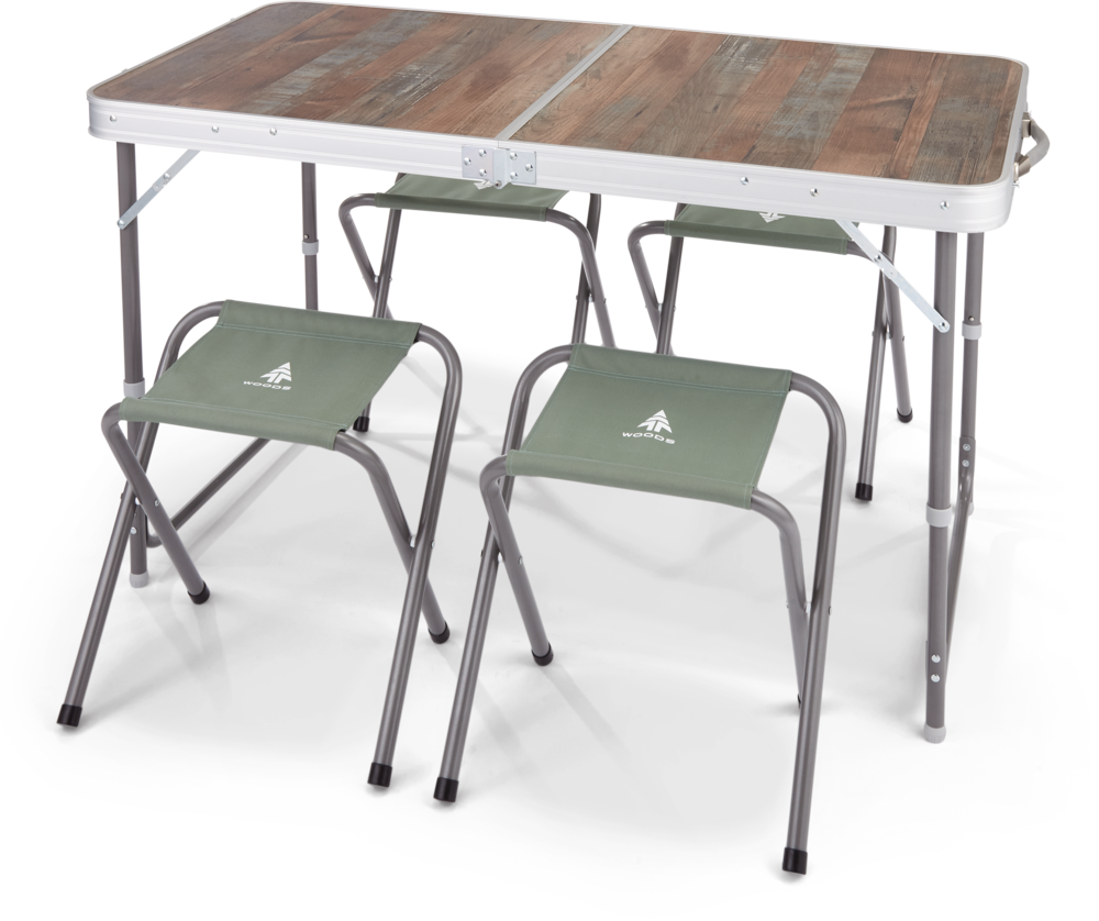 Woods Portable Folding Camping Table Dining Set w/ 4-Lightweight Stools ...