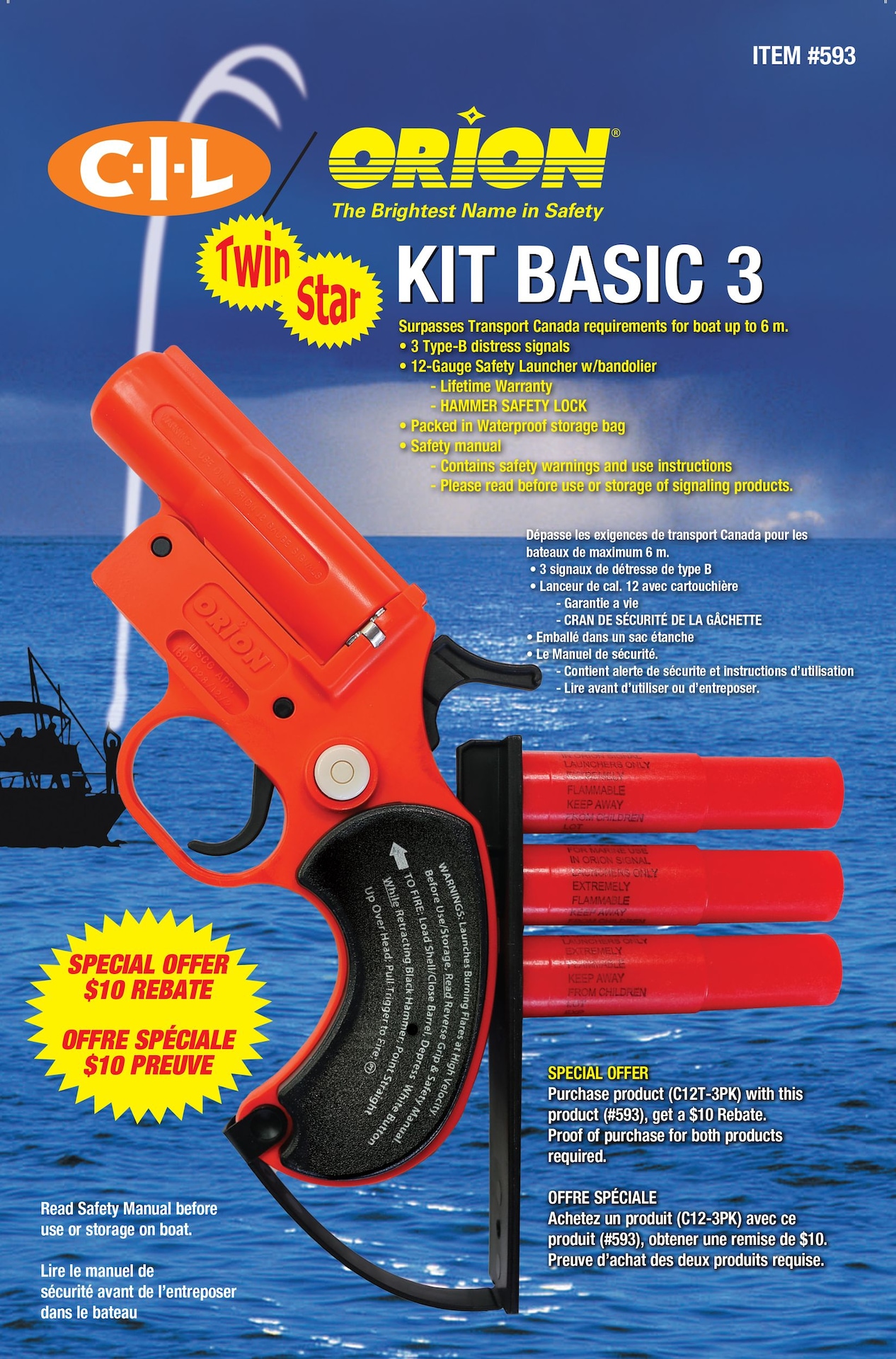 CIL Orion Twin Star Kit Basic 3 Emergency Marine Flare, Launcher w/3 ...