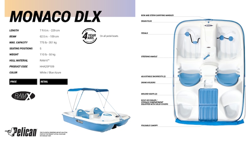 Pelican Monaco DLX 5-Person Pedal Boat w/Canopy, White/Blue Azure, 7.5-ft | Canadian Tire
