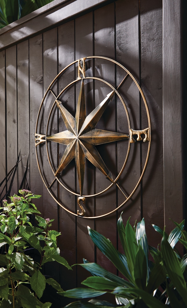For Living Metal Compass Outdoor Wall Art & Decor, Antique Brass ...