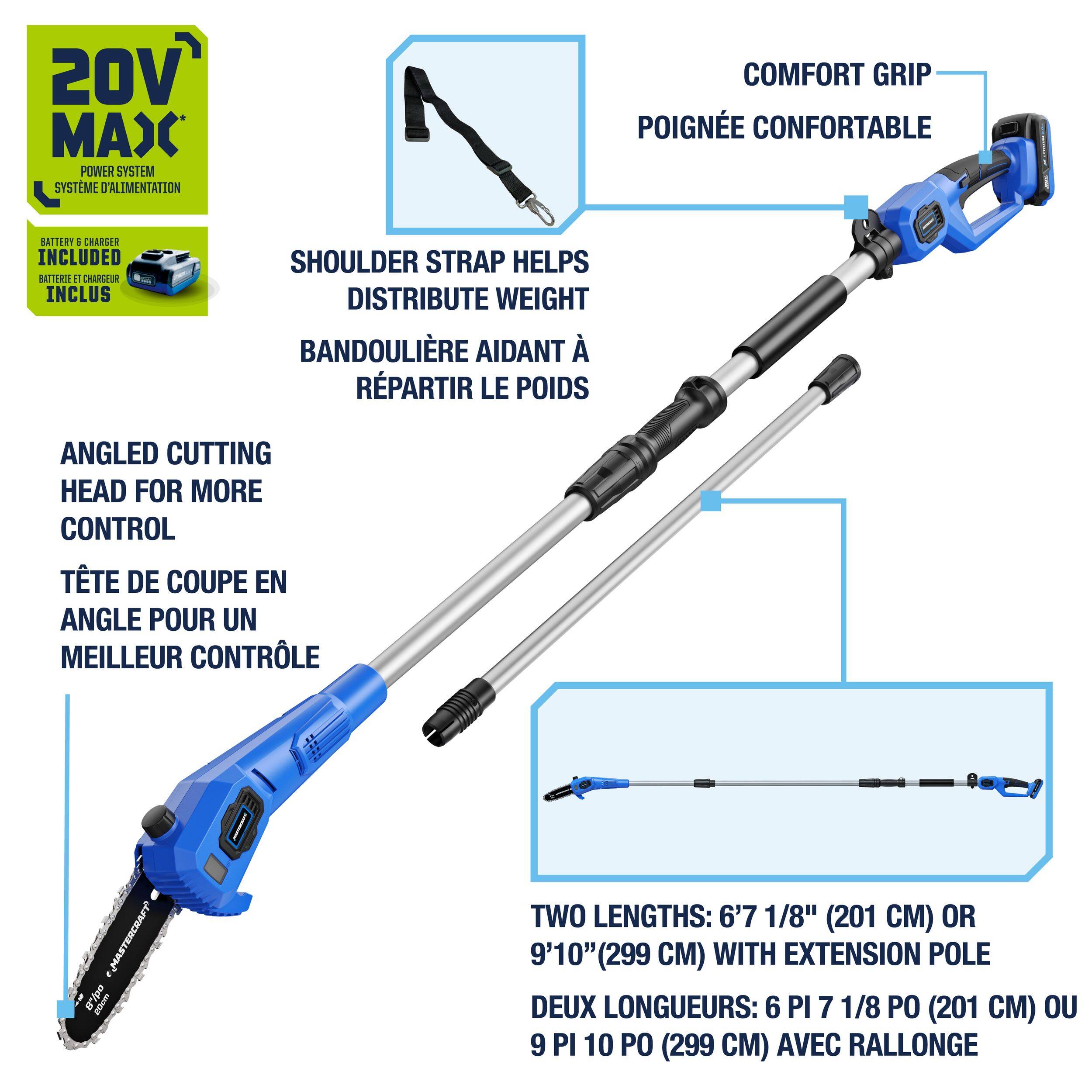 Mastercraft 20V Lithium ion Cordless Pole Saw with 2.0Ah PWR POD Battery 8 in Canadian Tire