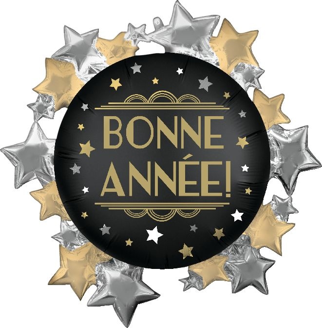 "Bonne Année" French Round & Star Satin Foil Balloon, Black/Gold, 30-in ...