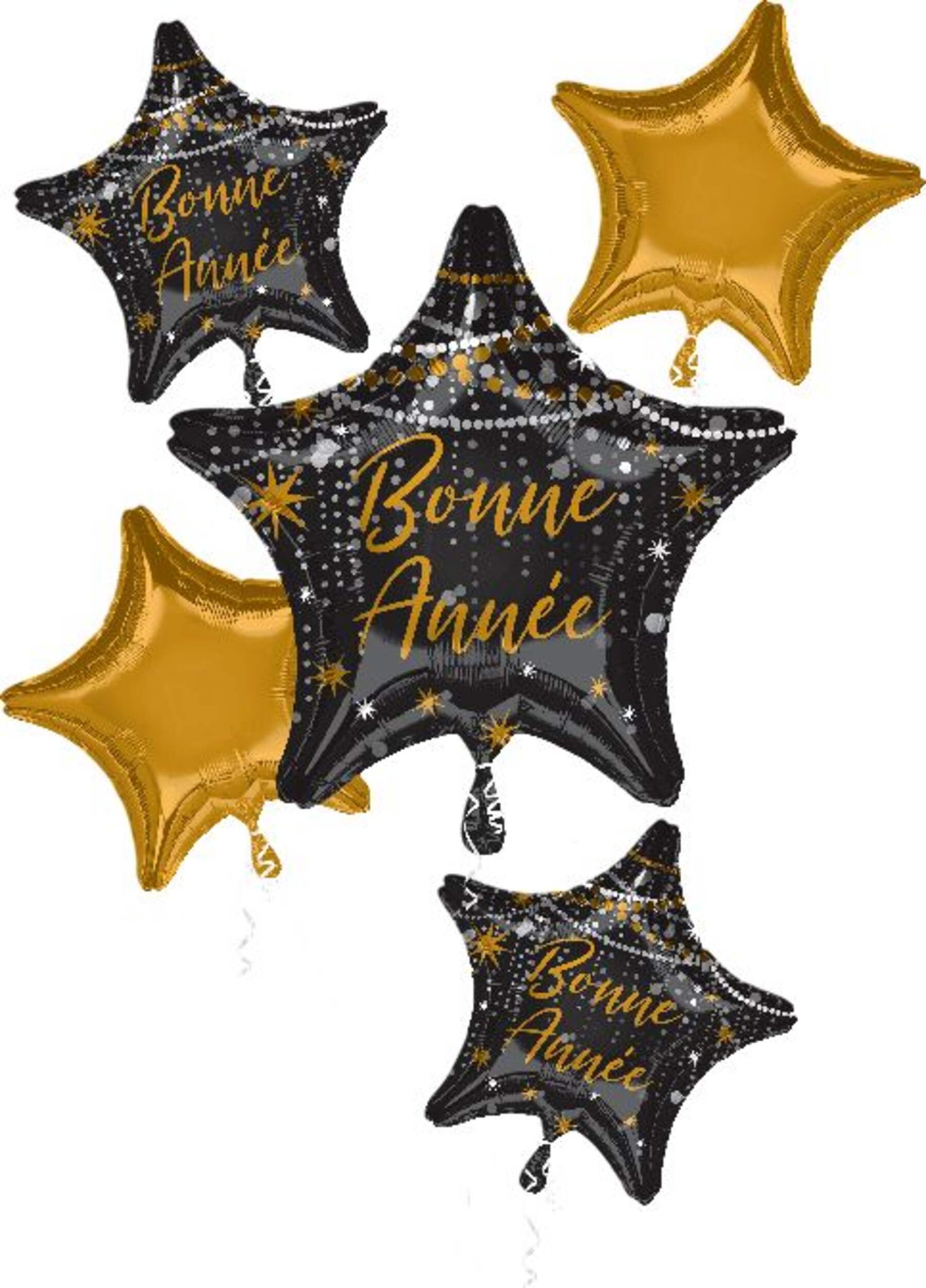 "Bonne Année" French Star Satin Foil Balloon Bouquet, Black/Gold, 5-pk, Helium Inflation ...