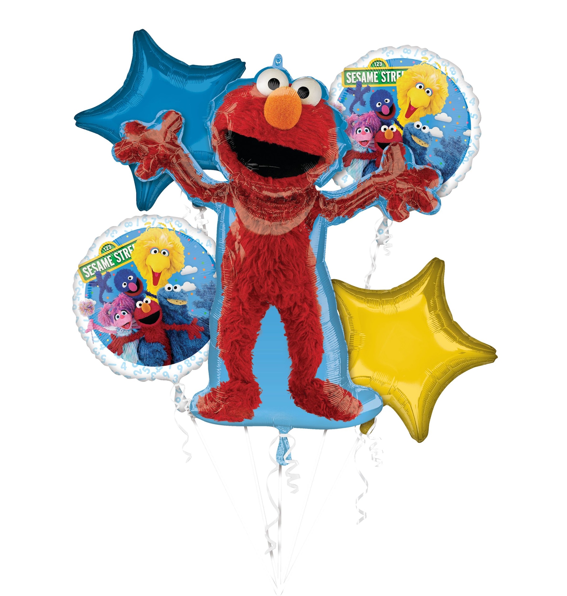 Sesame Street Elmo/Star/Round Satin Foil Balloon Bouquet, Red/Blue ...